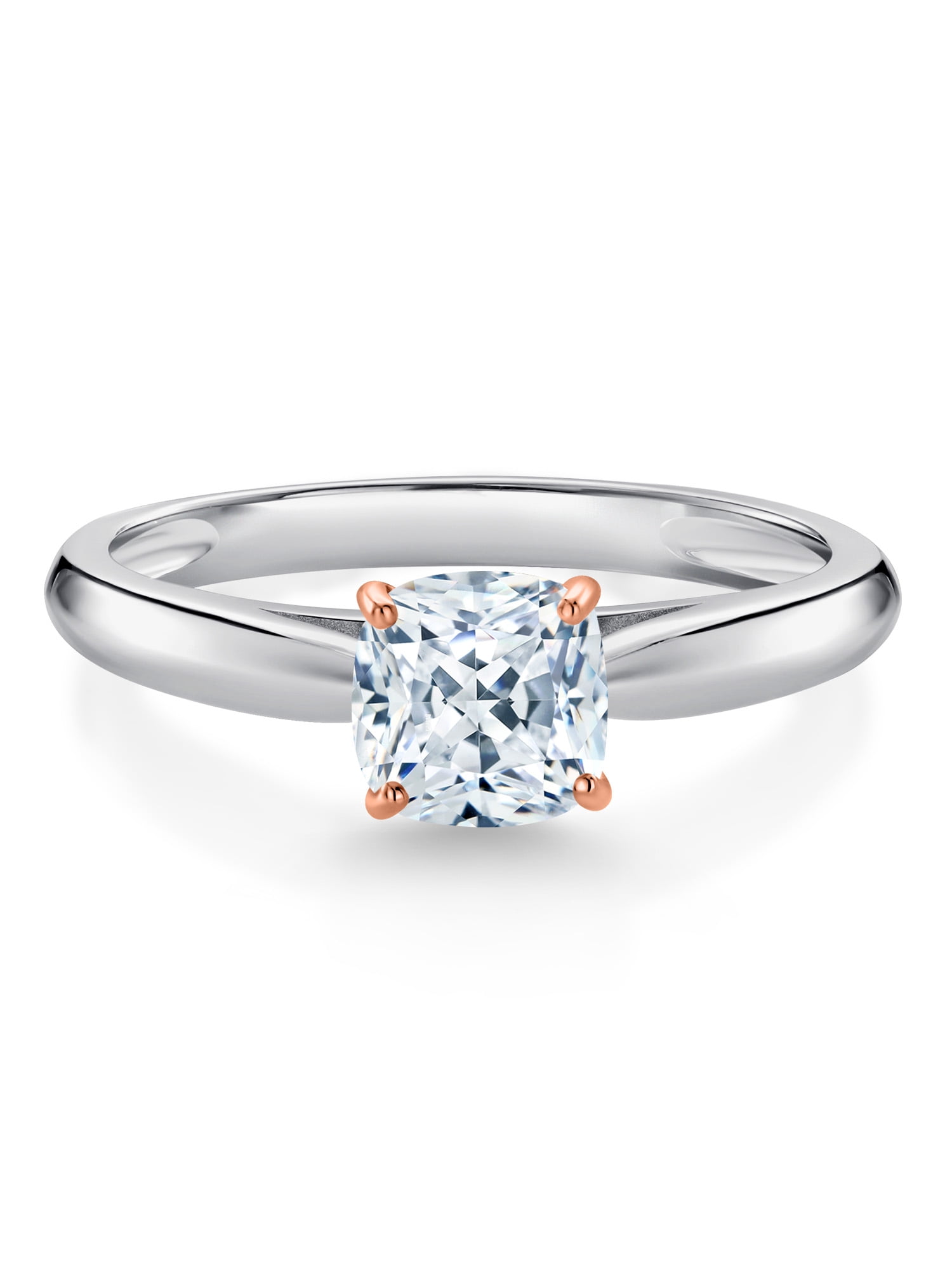 Gem Stone King 0.71 Ct Cushion White Zirconia 925 Sterling Silver Engagement Ring with 10K Rose ...