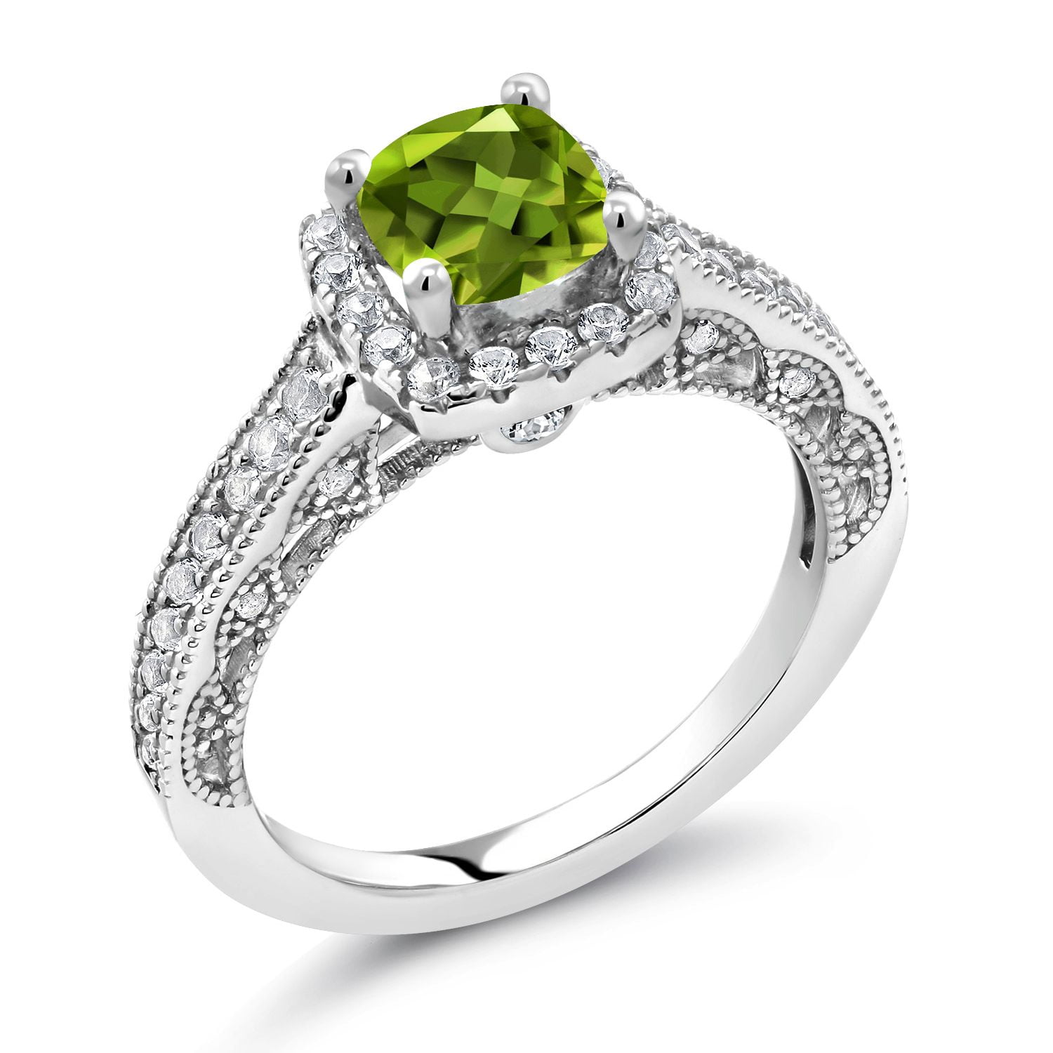 Gem Stone King 1.43 Ct Cushion Green Peridot White Created Sapphire 925 Sterling Silver Ring ...