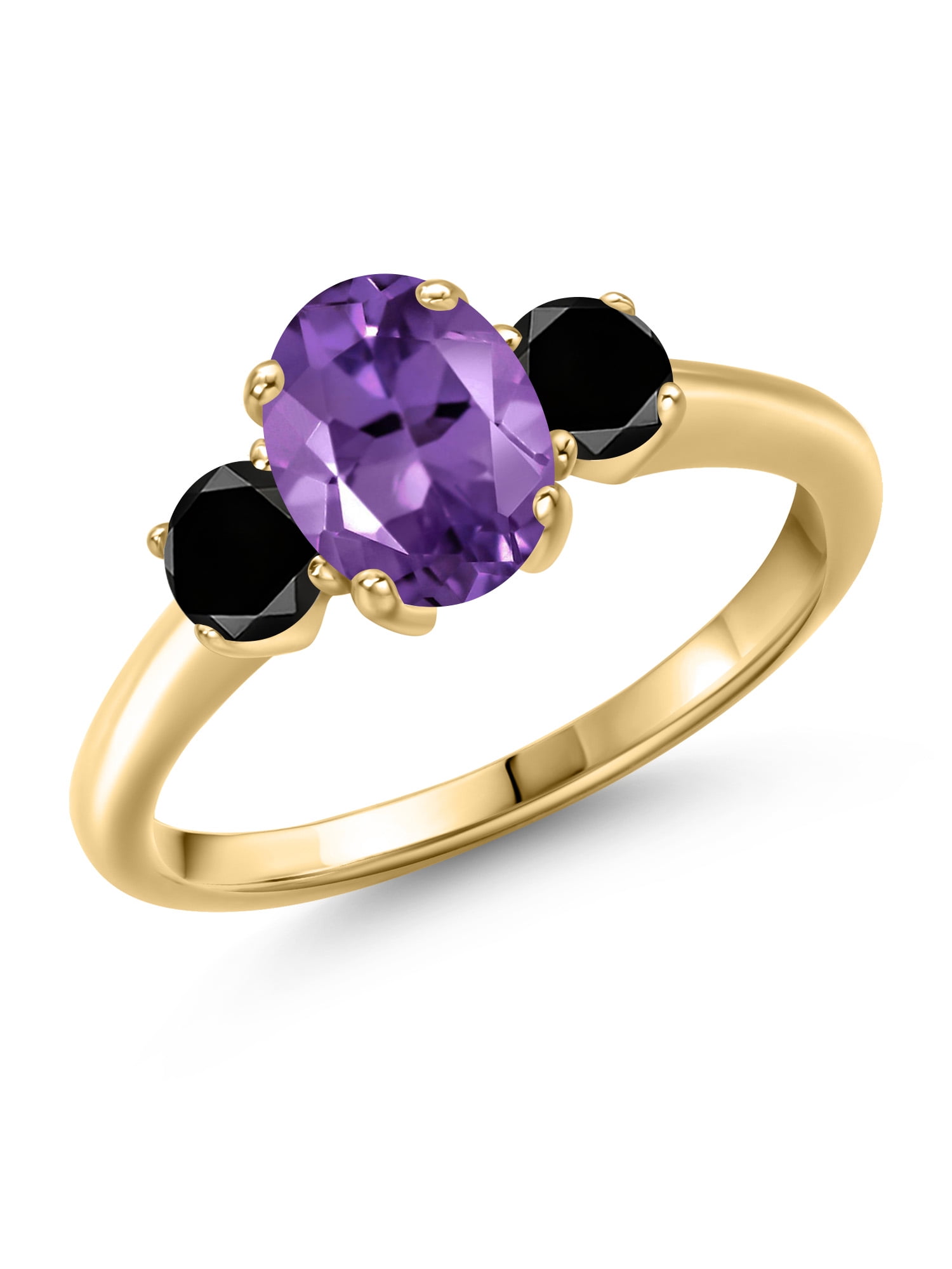 Gem Stone King 1.69 Ct Oval Purple Amethyst Black Diamond 18K Yellow Gold Plated Silver Ring ...