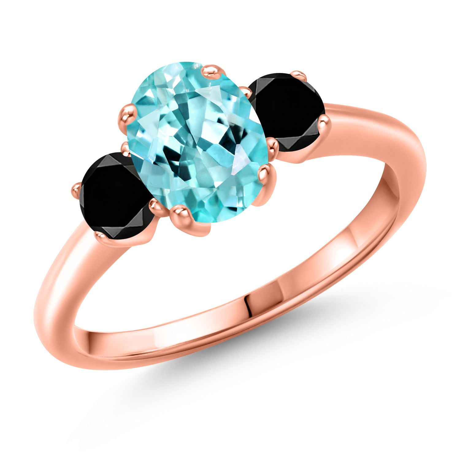 Gem Stone King 1.74 Ct Oval Blue Apatite Black Diamond 18K Rose Gold Plated Silver Ring ...