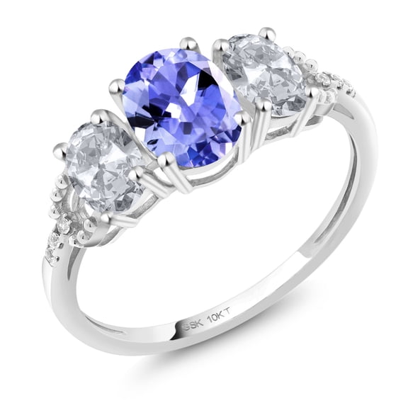 10K White Gold Natural Tanzanite & Swiss Blue Topaz 3-Stone Ring Oval ...