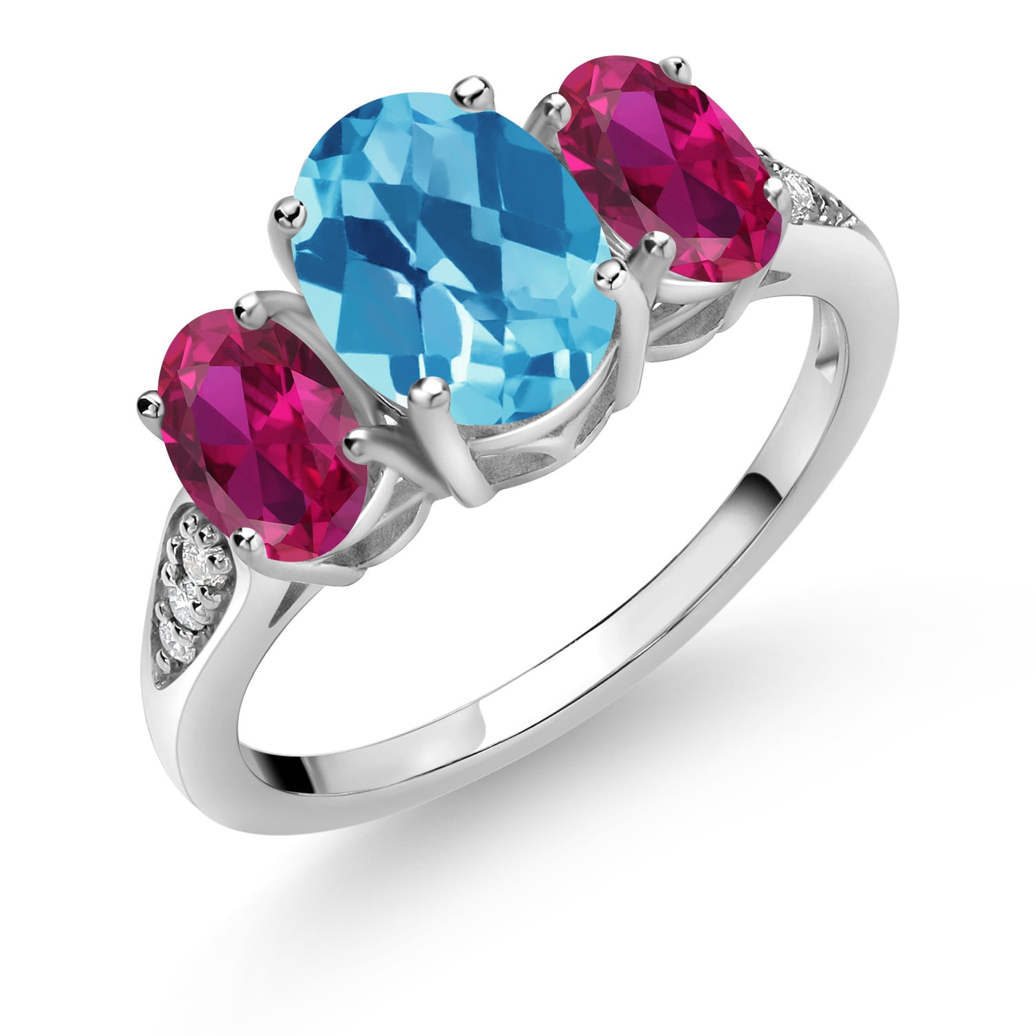 Gem Stone King 10K White Gold Swiss Blue Topaz Red Created Ruby and ...