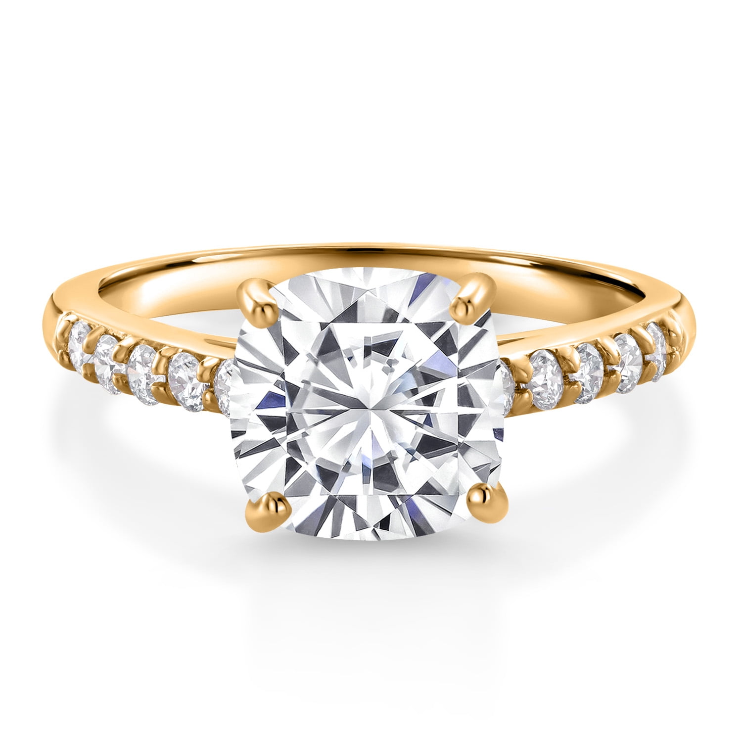 Gem Stone King 10K Yellow Gold 8MM Cushion Cut Moissanite and White Lab ...