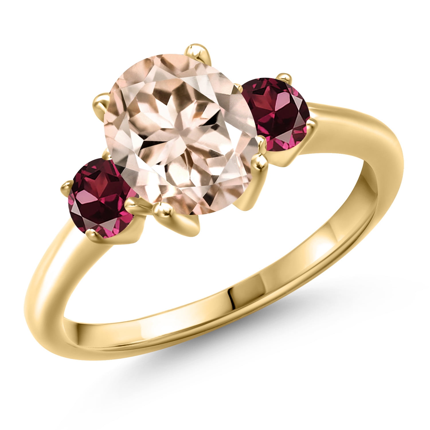 Gem Stone King 10K Yellow Gold Peach Morganite and Red Rhodolite Garnet Engagement Ring for ...