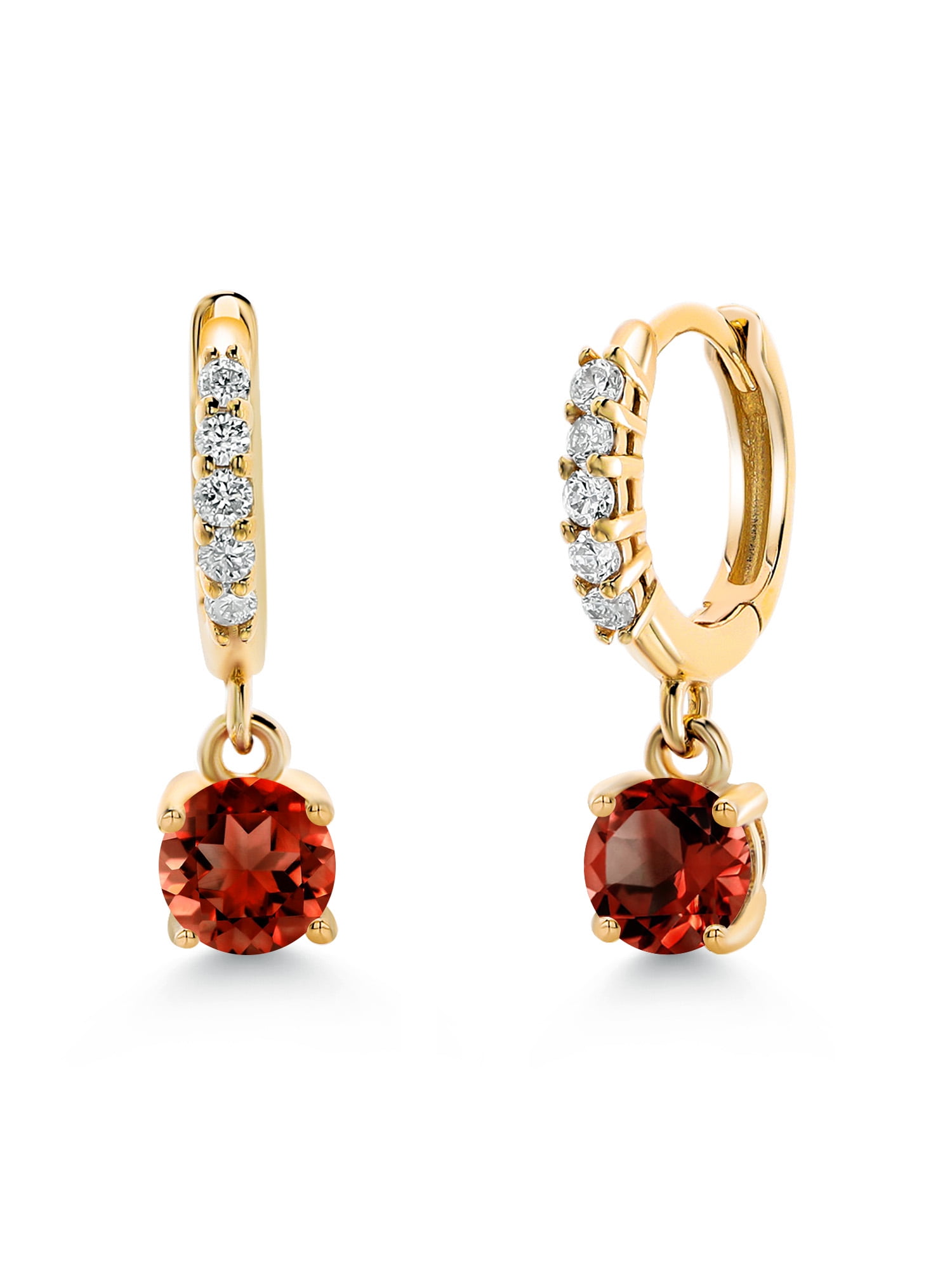 Gem Stone King 10K Yellow Gold Red Garnet and White Lab Grown Diamond Dangle Drop Huggie Hoop ...