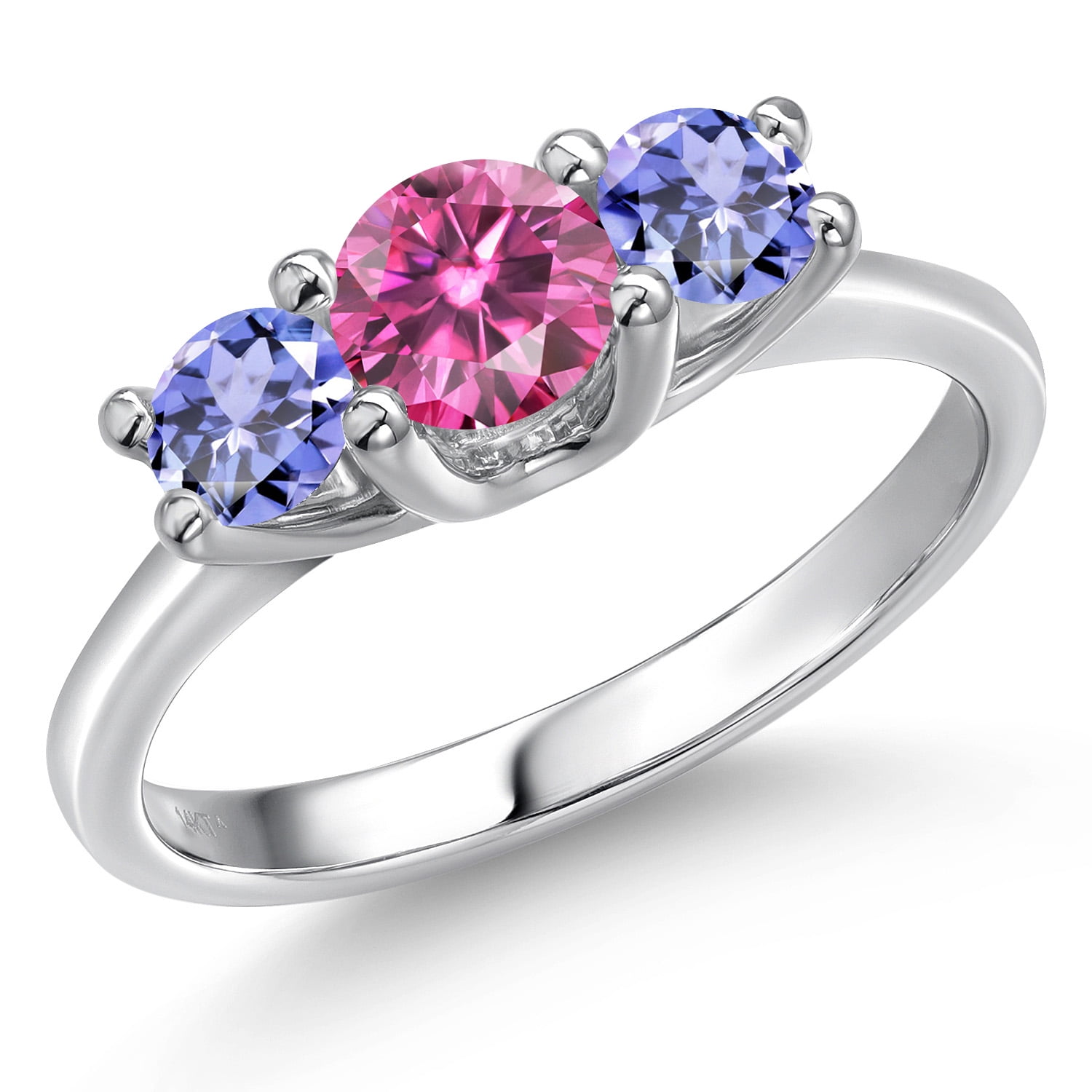 Gem Stone King 14K White Gold Pink Moissanite & Blue Tanzanite 3-Stone ...