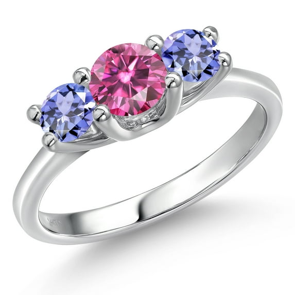 Gem Stone King 14K White Gold Pink Moissanite & Blue Tanzanite 3-Stone ...