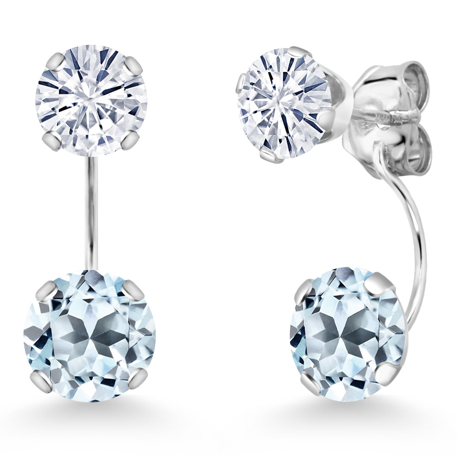 Gem Stone King 14K White Gold Sky Blue Topaz and White Moissanite Stud ...