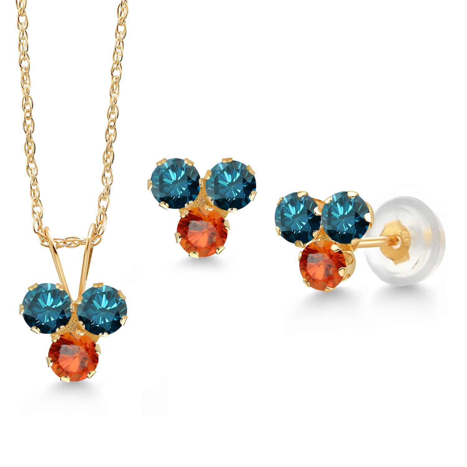 Gem Stone King 14K Yellow Gold Blue Diamond and Orange Sapphire 3 Stone ...