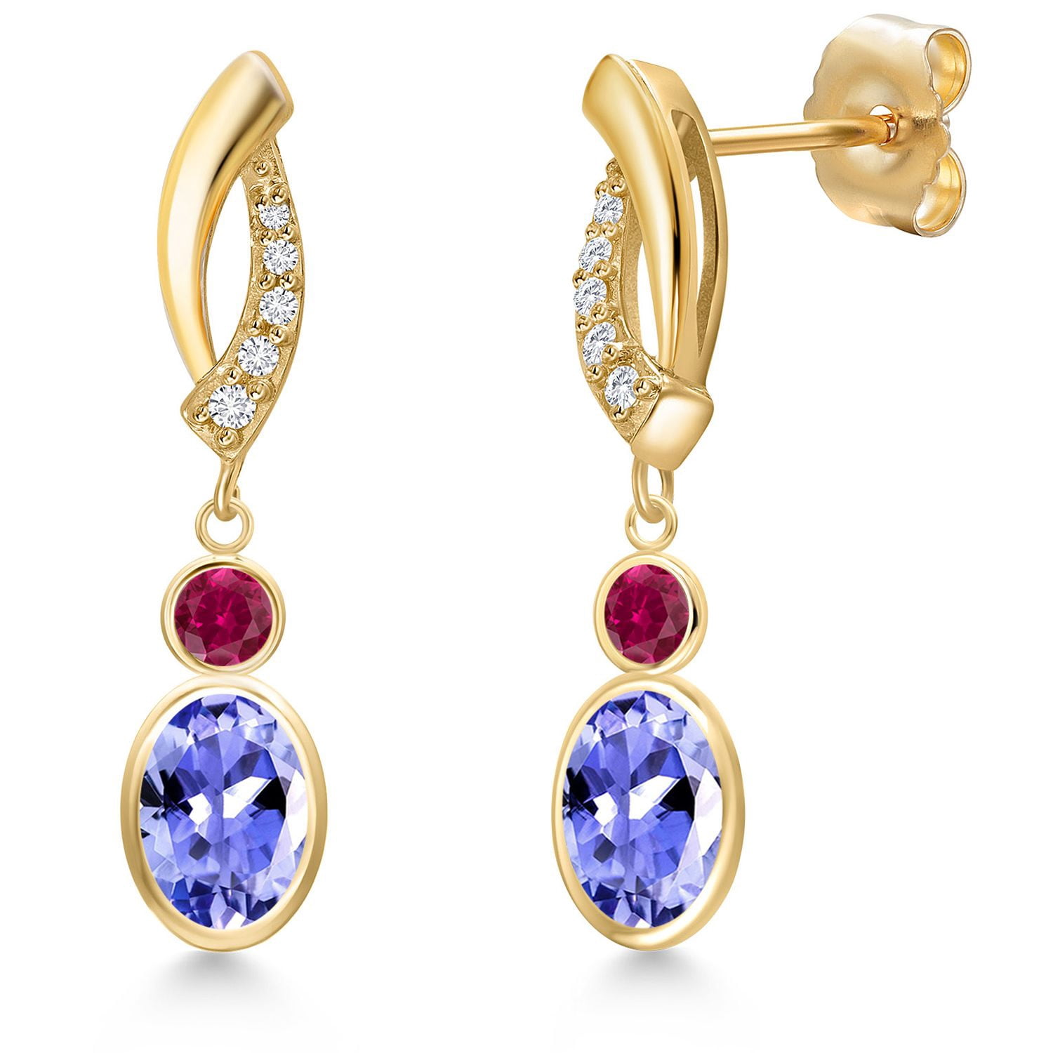 Gem Stone King 14K Yellow Gold Blue Tanzanite and Red Created Ruby and ...