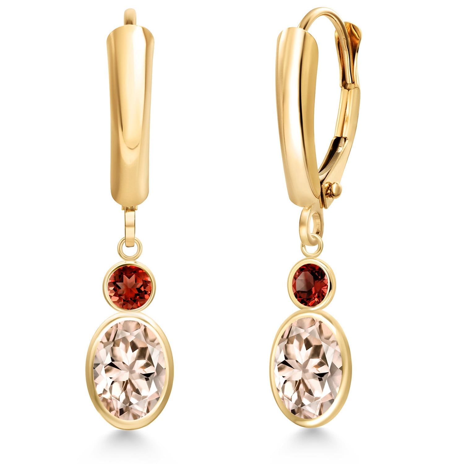Gem Stone King 14K Yellow Gold Peach Morganite and Red Garnet Dangle ...