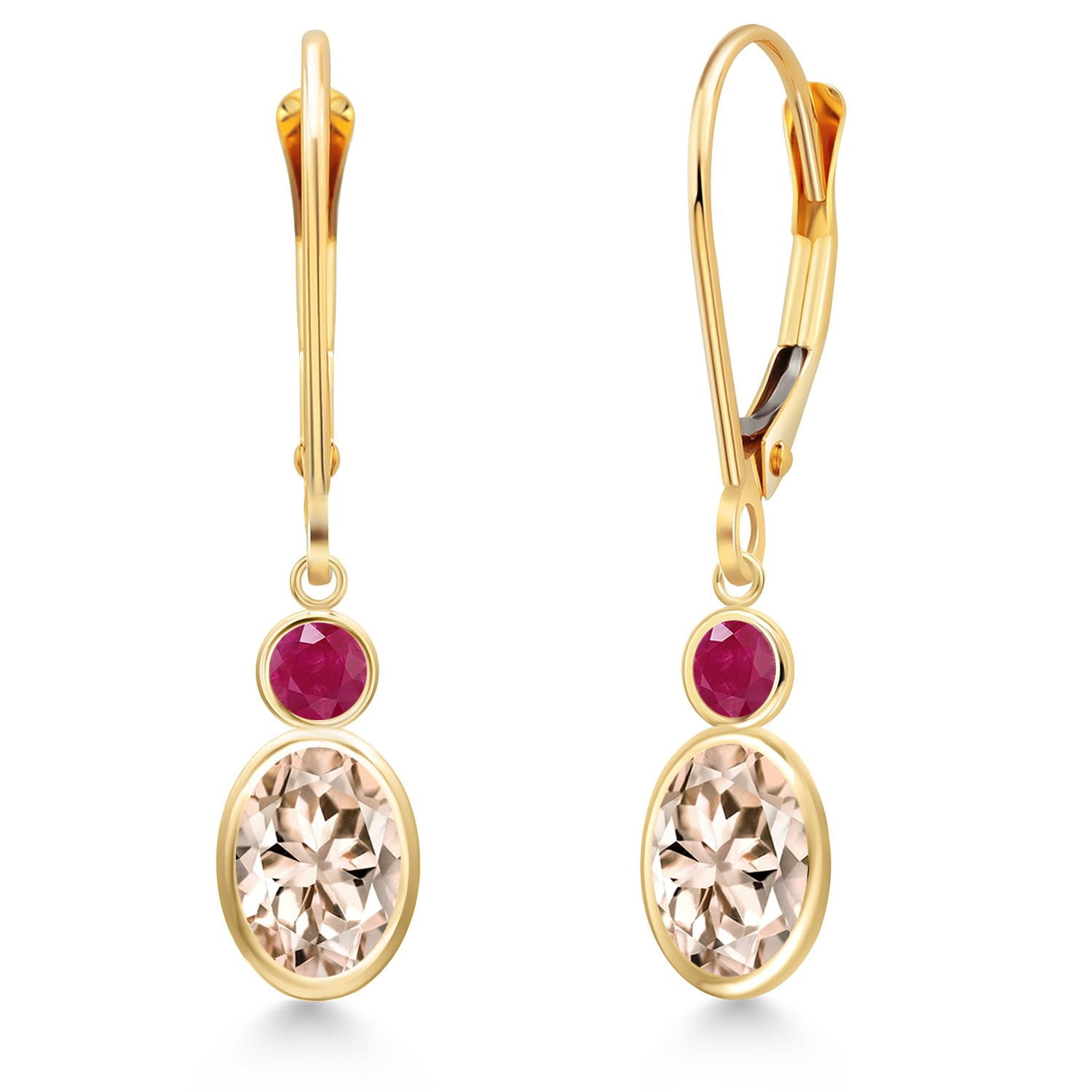 Gem Stone King 14K Yellow Gold Peach Morganite and Red Ruby Dangle ...