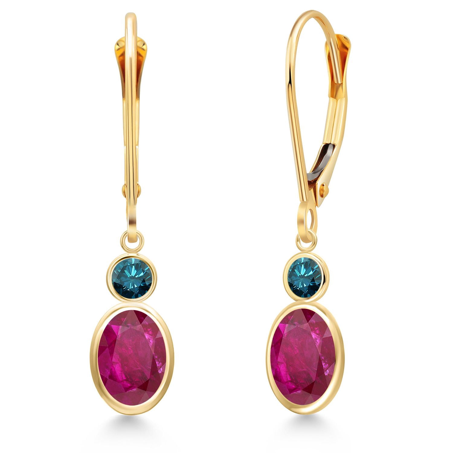 Gem Stone King 14K Yellow Gold Red African Ruby and Blue Diamond Dangle ...