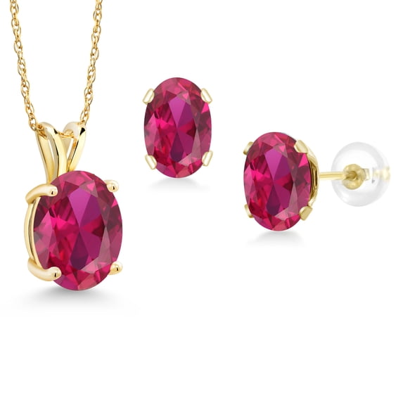 Gem Stone King 14K Yellow Gold Red Created Ruby Pendant and Earrings ...