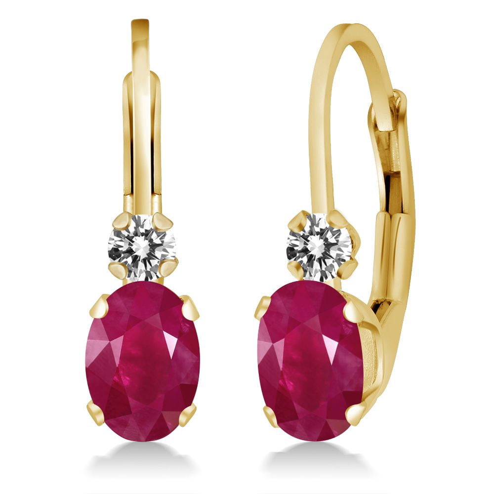 Gem Stone King 14K Yellow Gold Red Ruby and White Diamond Leverback ...