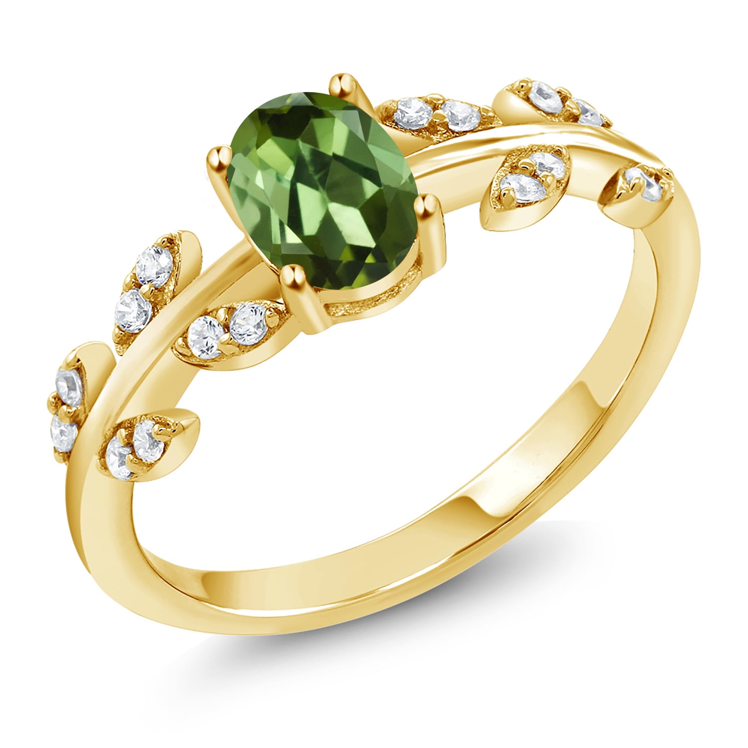 Gem Stone King 18K Yellow Gold Plated Silver 0.91 Ct Oval Green Tourmaline Greek Olive Vine ...