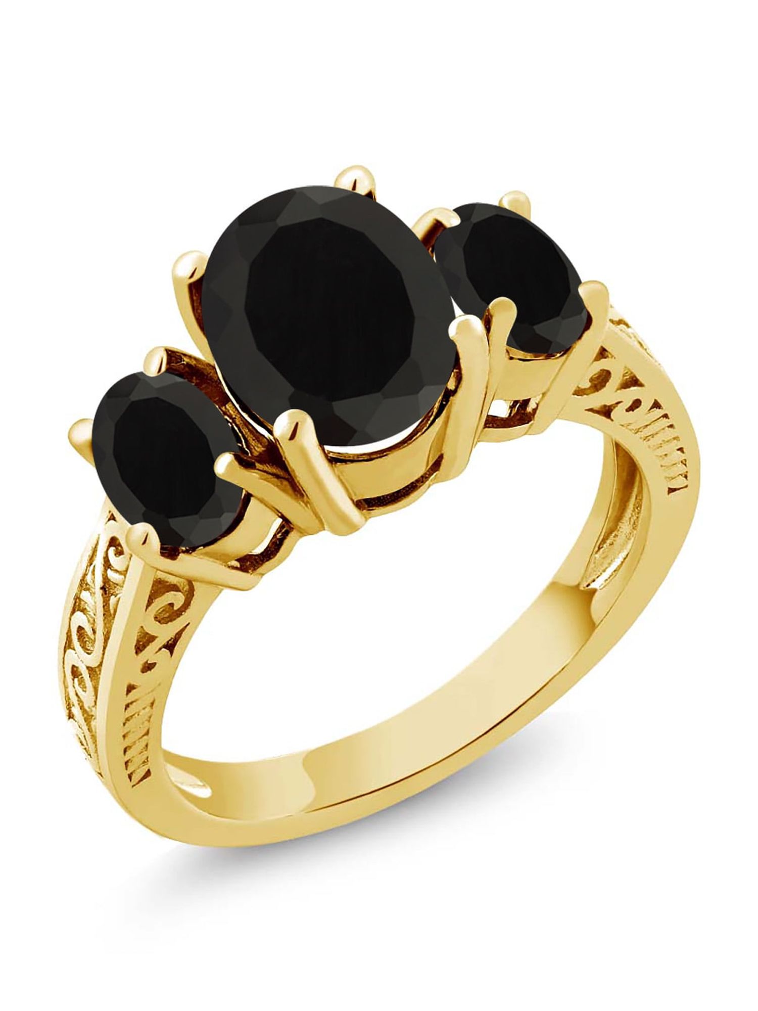 Gem Stone King 18K Yellow Gold Plated Silver Black Onyx 3 Stone Ring ...