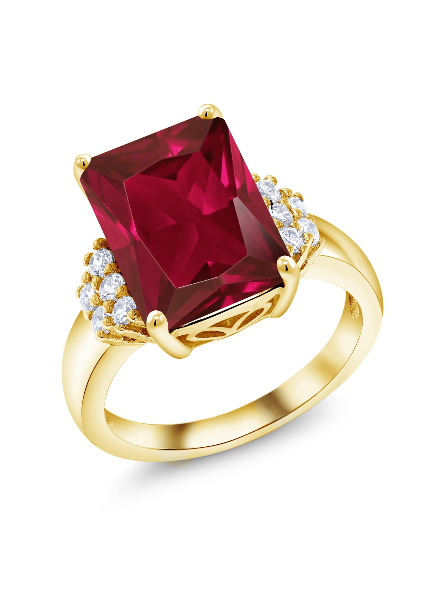 Gem Stone King 18K Yellow Gold Plated Silver Red Created Ruby Ring for ...