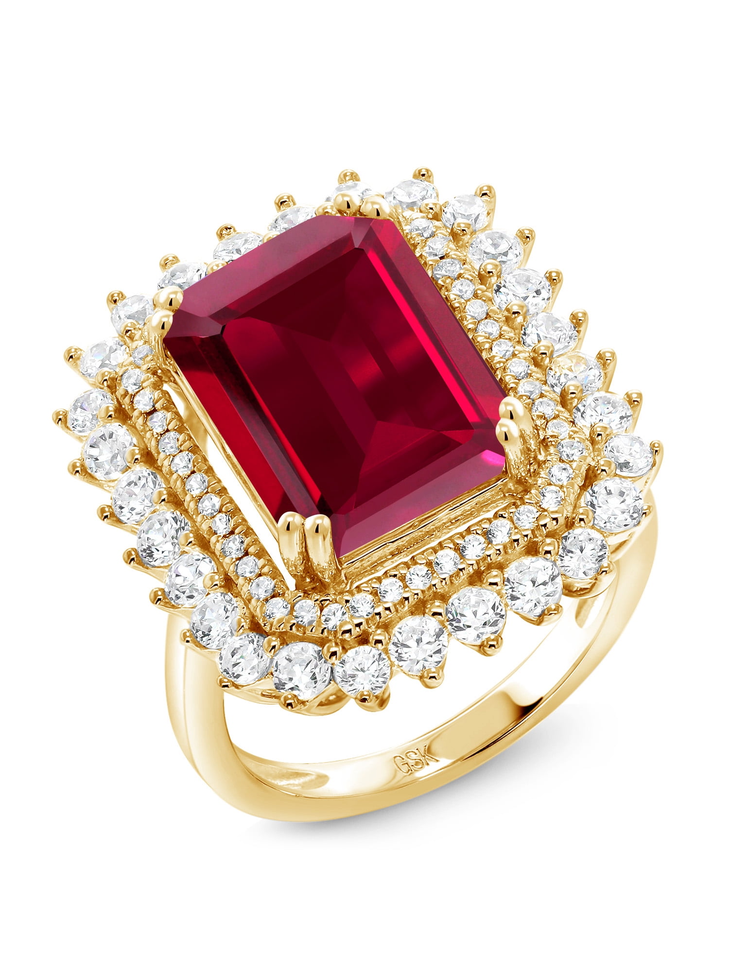 Gem Stone King 18K Yellow Gold Plated Silver Red Created Ruby Ring for ...