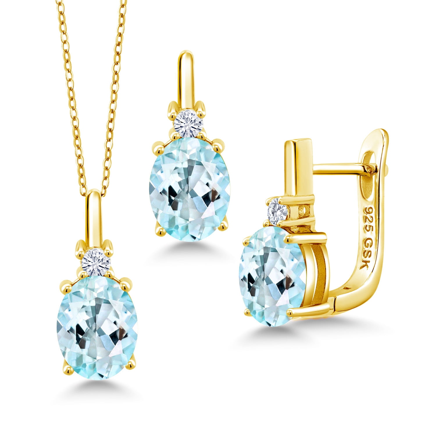 Gem Stone King 18K Yellow Gold Plated Silver Sky Blue Topaz and White ...