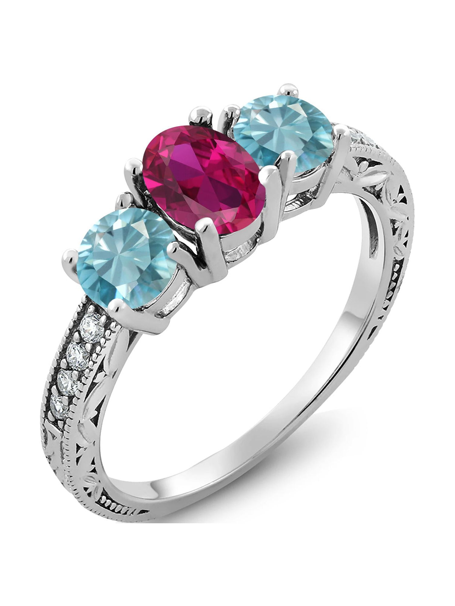 Gem Stone King 2.67 Ct Oval Red Created Ruby Blue Zircon 925 Sterling Silver Moissanite Ring ...