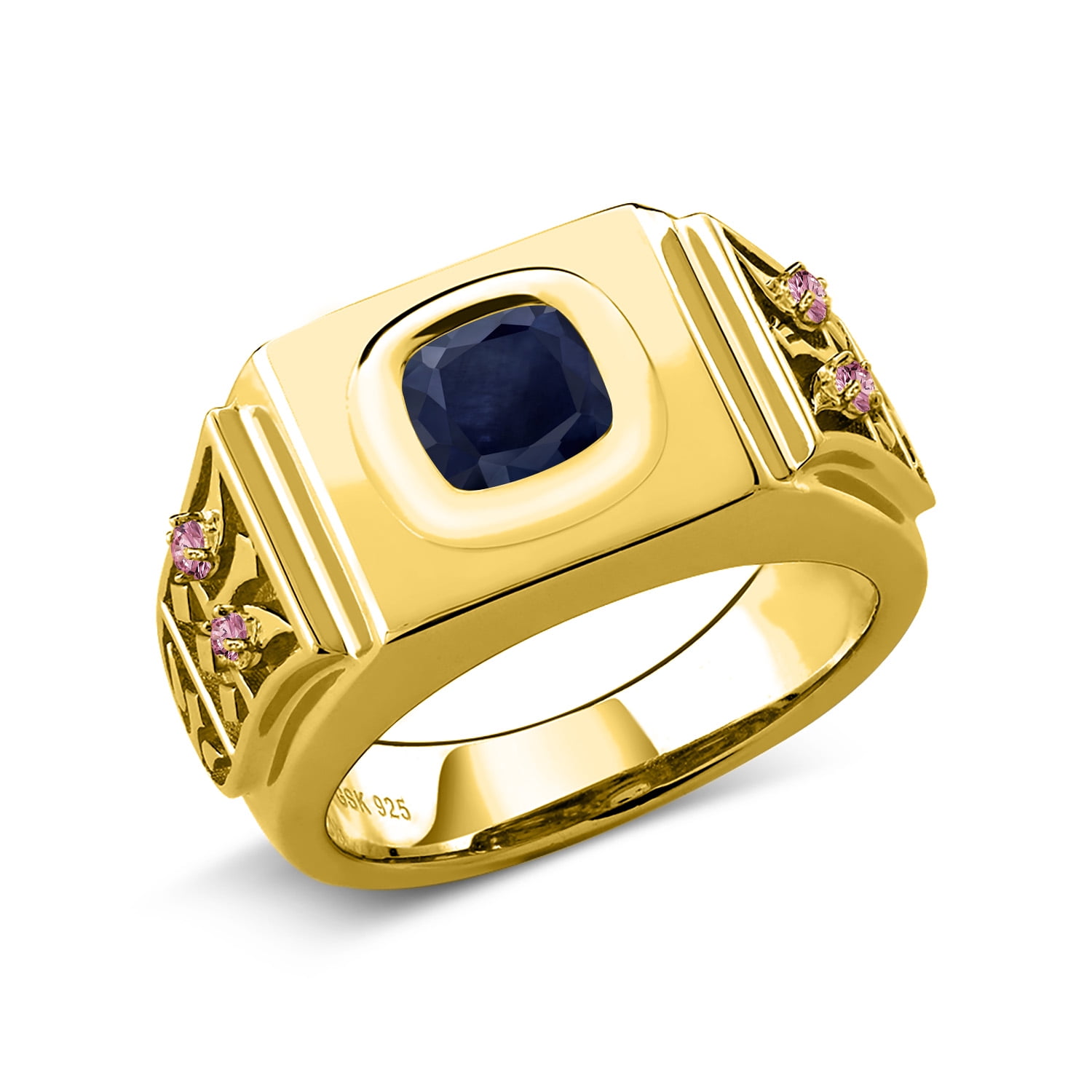 Gem Stone King 2.85 Ct Blue Sapphire Pink Lab Grown Diamond 18K Yellow Gold Plated Silver Men's ...