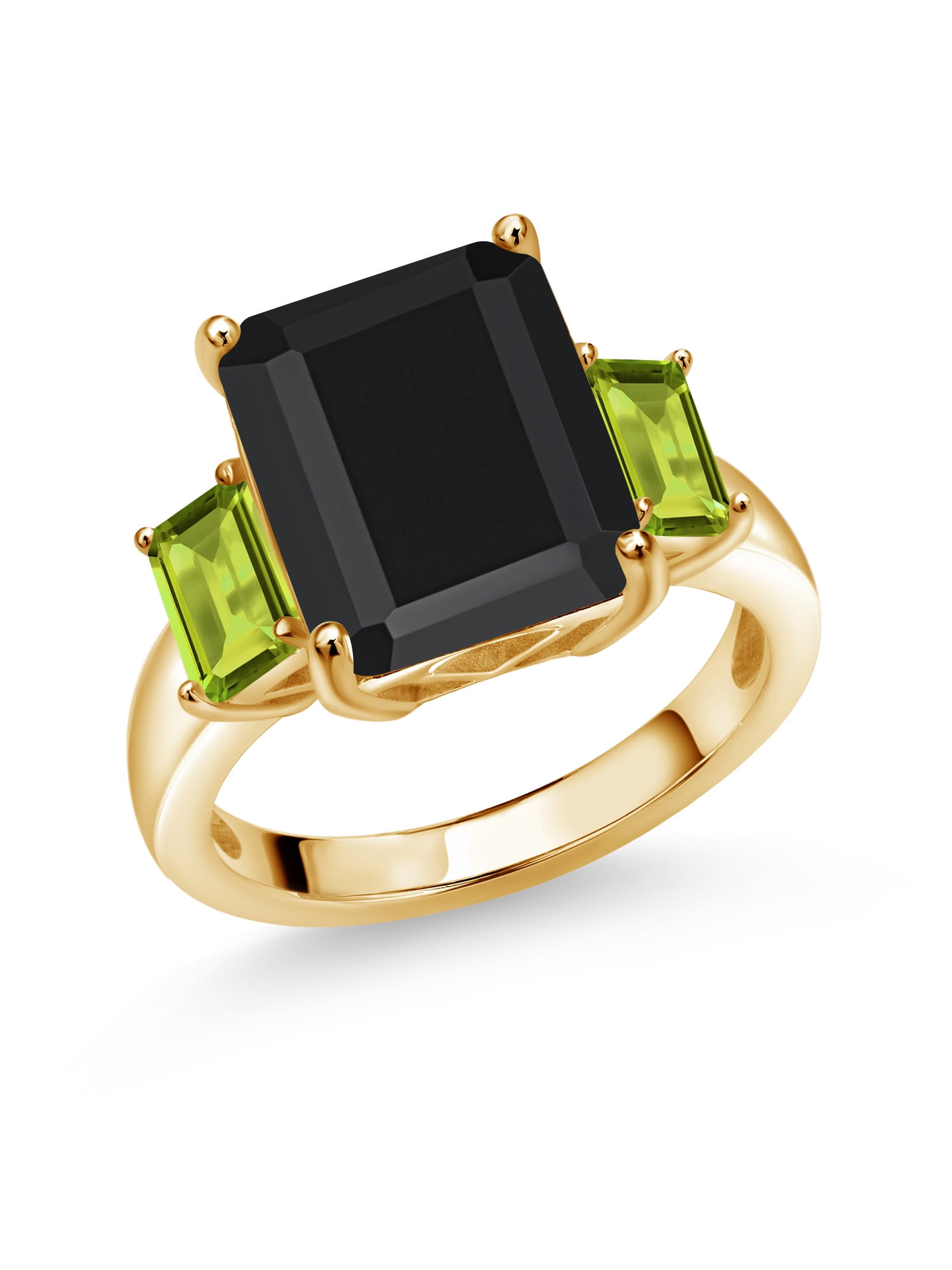 Gem Stone King 6.97 Ct Octagon Black Onyx Green Peridot 18K Yellow Gold Plated Silver 3 Stone Ring