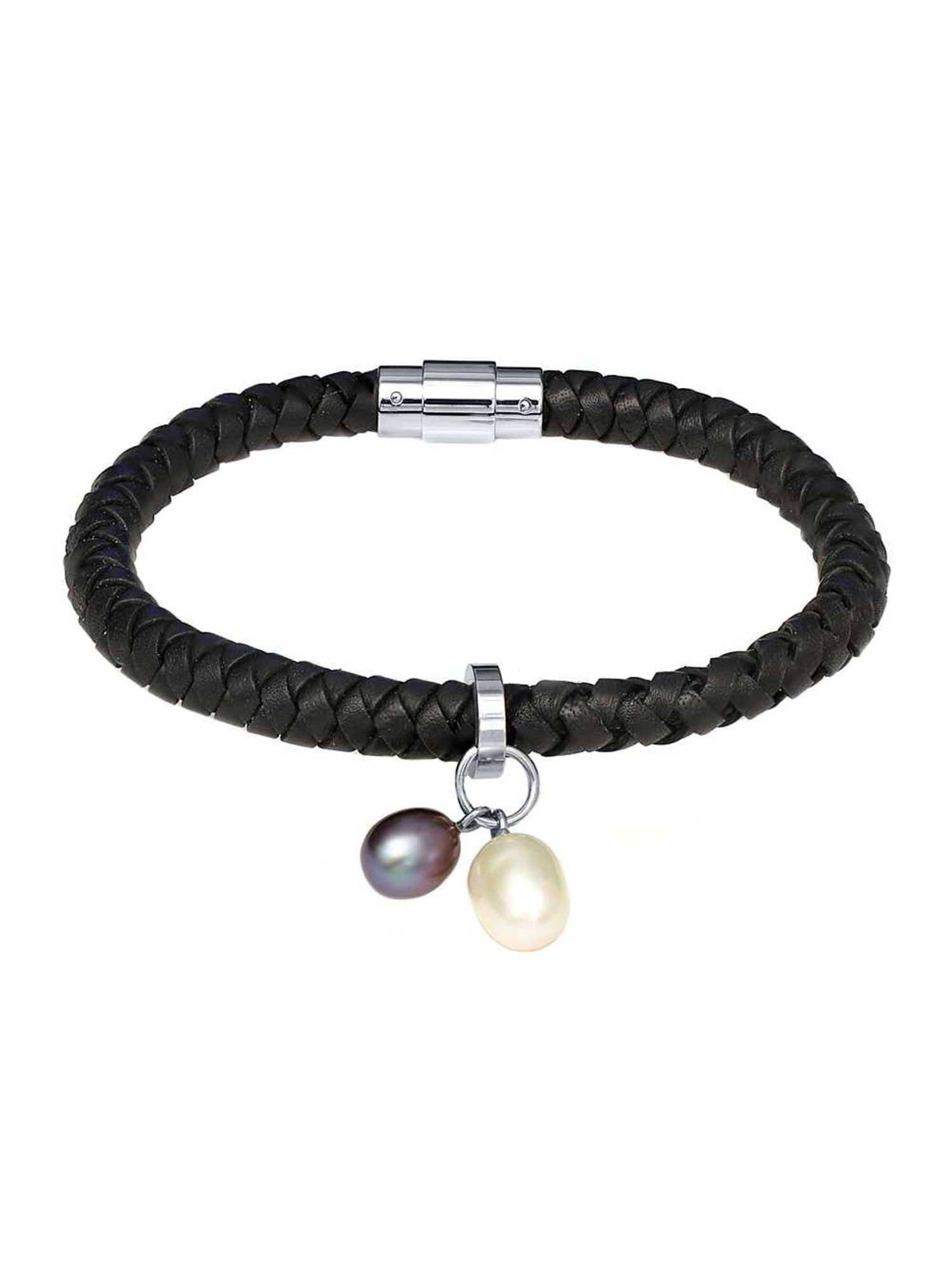 Gem Stone King 7 inch Bolo Leather Bracelet for Women with Black and White Pearls Steel ...