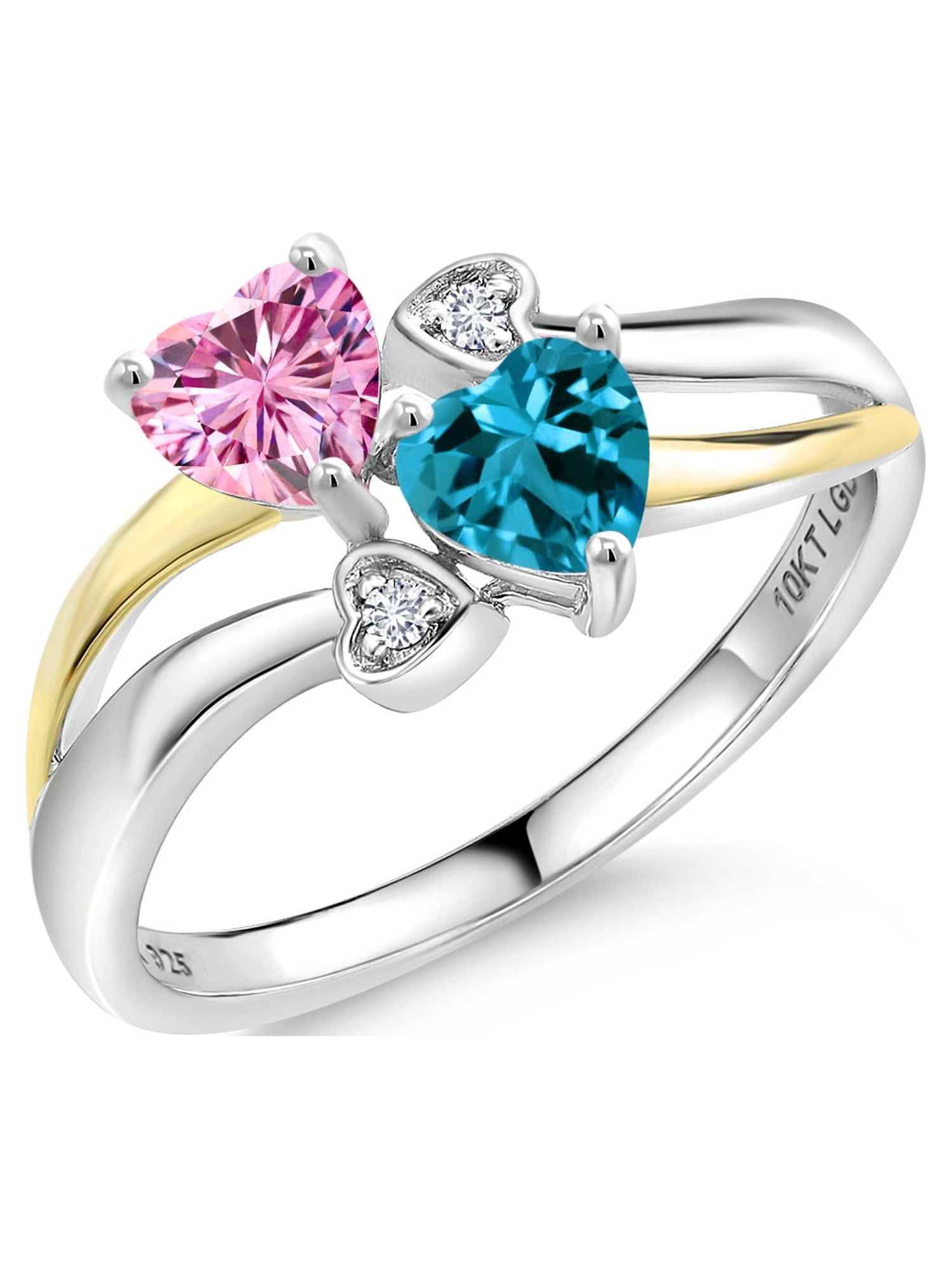 Gem Stone King 925 Silver and 10K Yellow Gold Pink Moissanite and London Blue Topaz and White ...