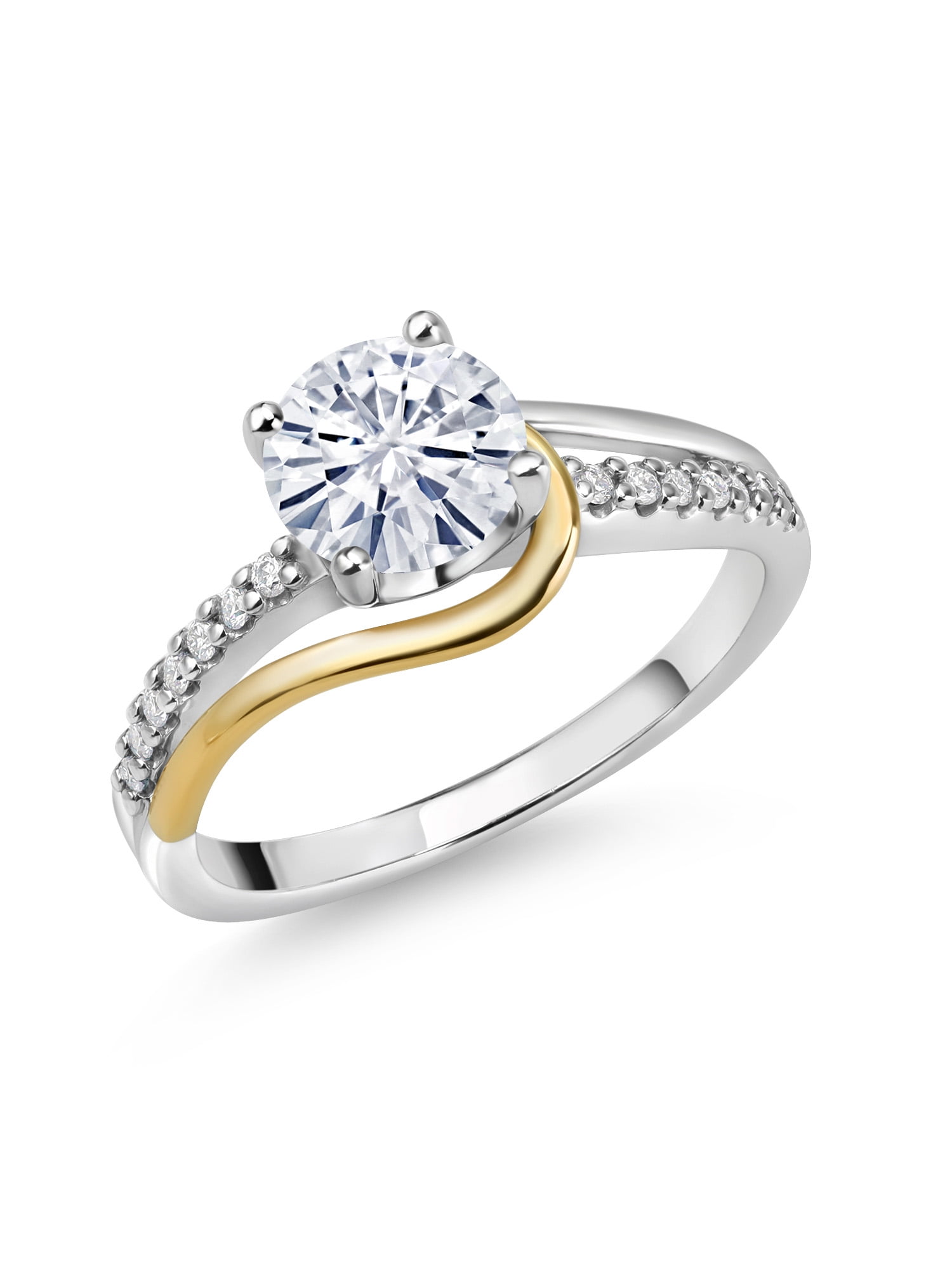 Gem Stone King 925 Sterling Silver and 10K Yellow Gold Round White Moissanite Engagement Ring ...