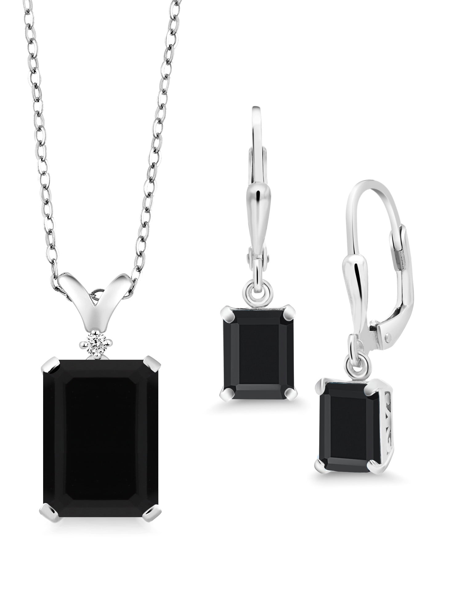 Gem Stone King 925 Sterling Silver Black Onyx Pendant and Earrings Jewelry Set for Women 9.88 Cttw Gemstone Birthstone Emerald Cut 14X10MM and