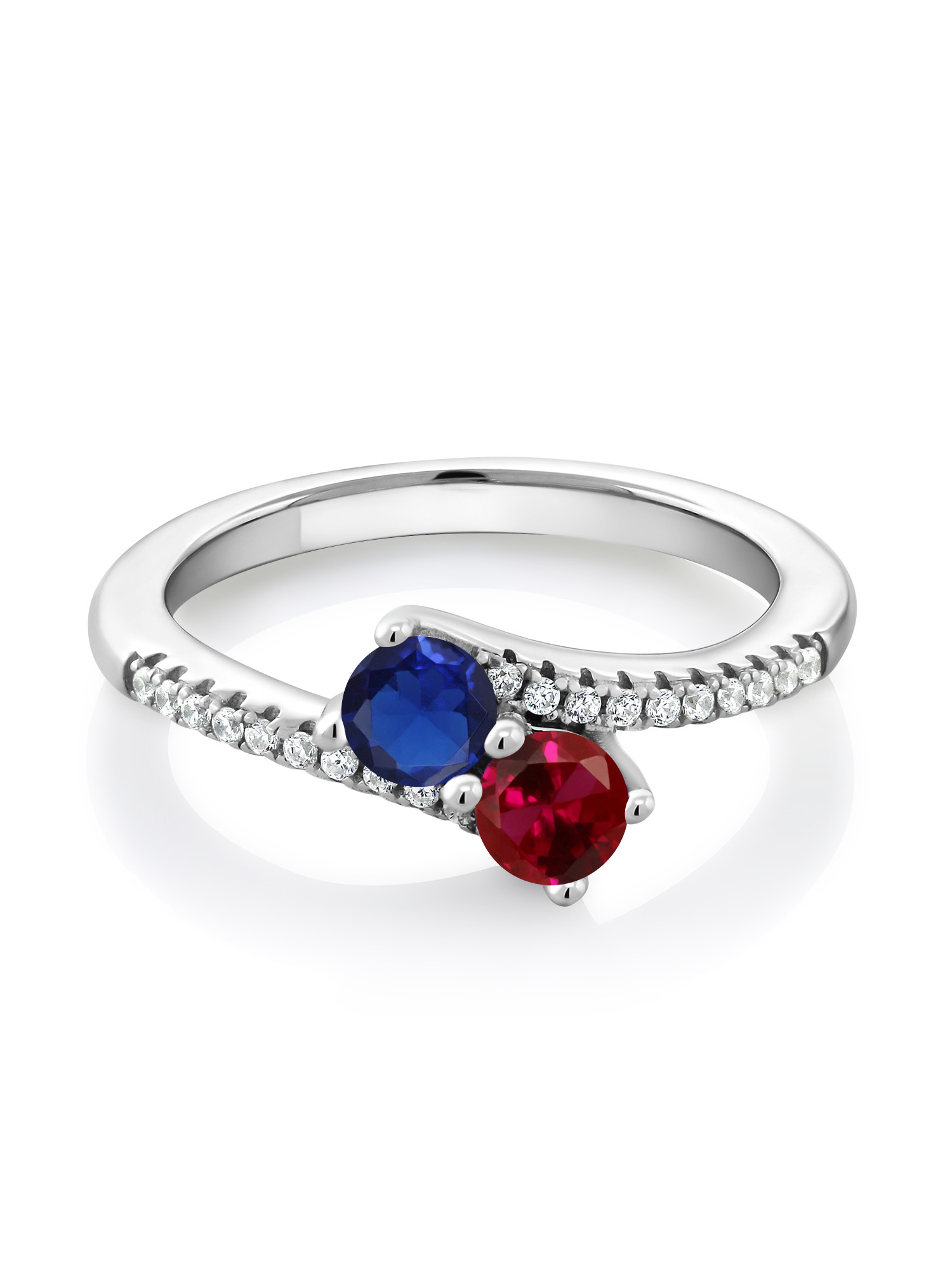 Gem Stone King 925 Sterling Silver Blue Created Sapphire and Red Created Ruby Bypass Ring for ...