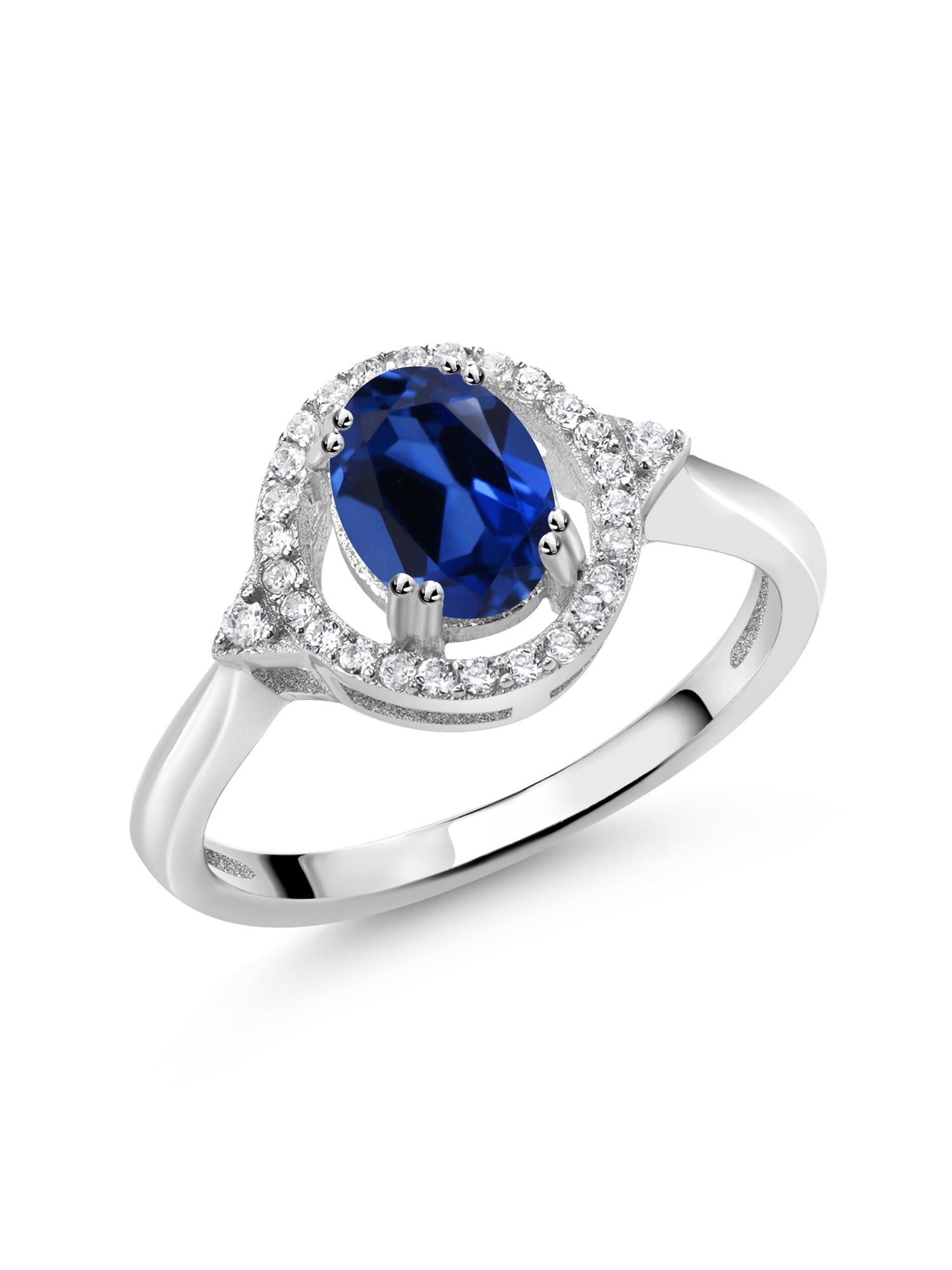 Gem Stone King 925 Sterling Silver Blue Created Sapphire Ring for Women (1.34 Cttw, Oval 7X5MM ...
