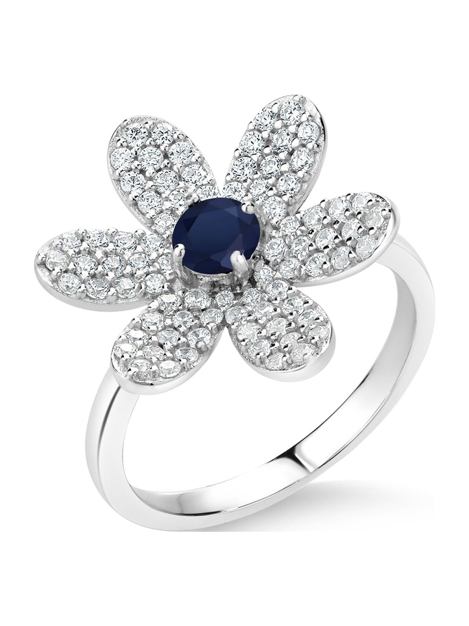 Gem Stone King 925 Sterling Silver Blue Sapphire Flower Ring for Women By Keren Hanan (1.33 Cttw ...