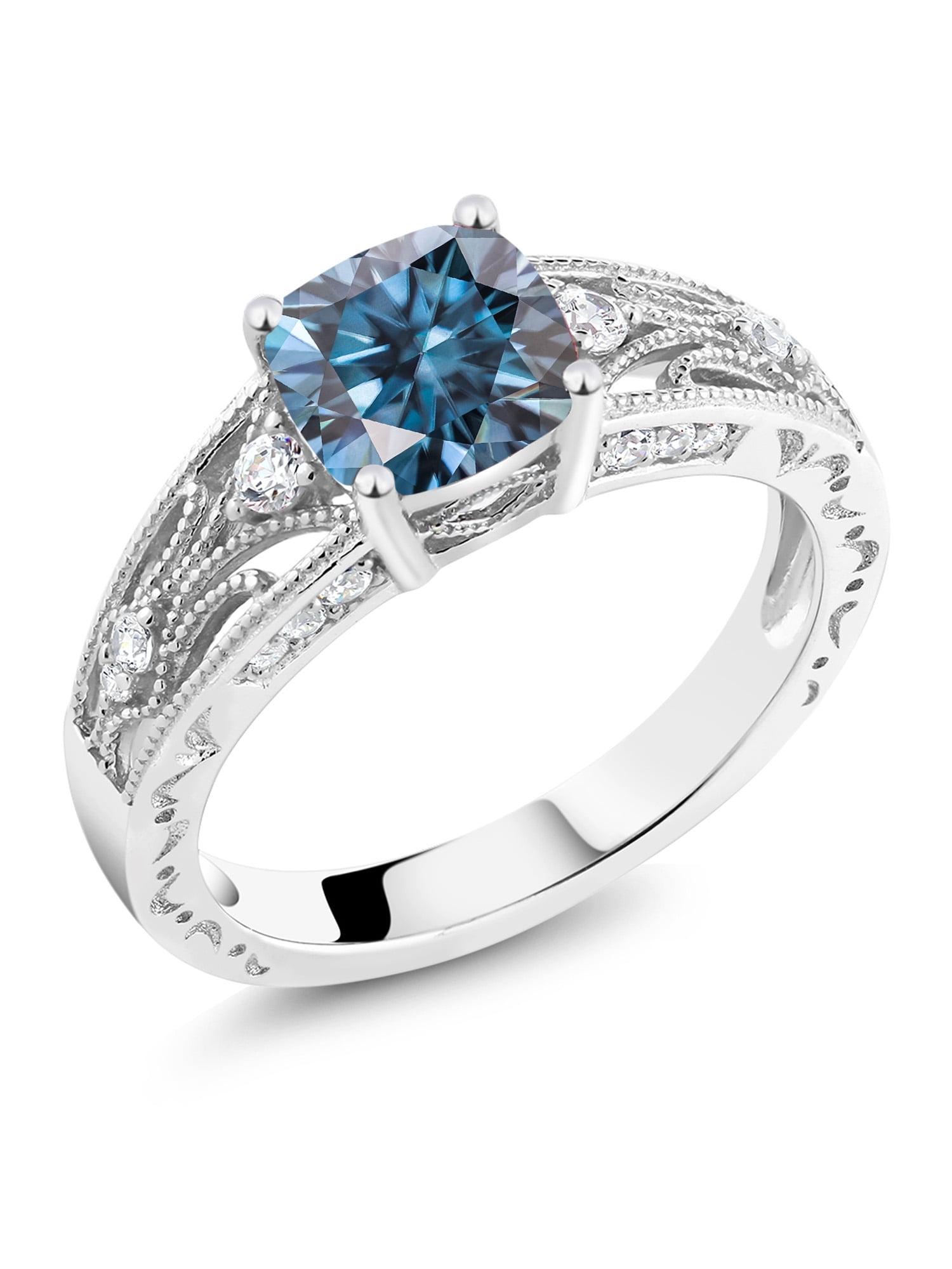 Gem Stone King 925 Sterling Silver Cushion Persian Blue Moissanite Ring ...