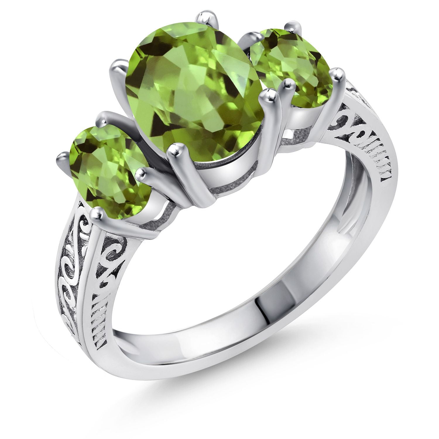 Gem Stone King 925 Sterling Silver Green Peridot 3-Stone Women Ring (2. ...