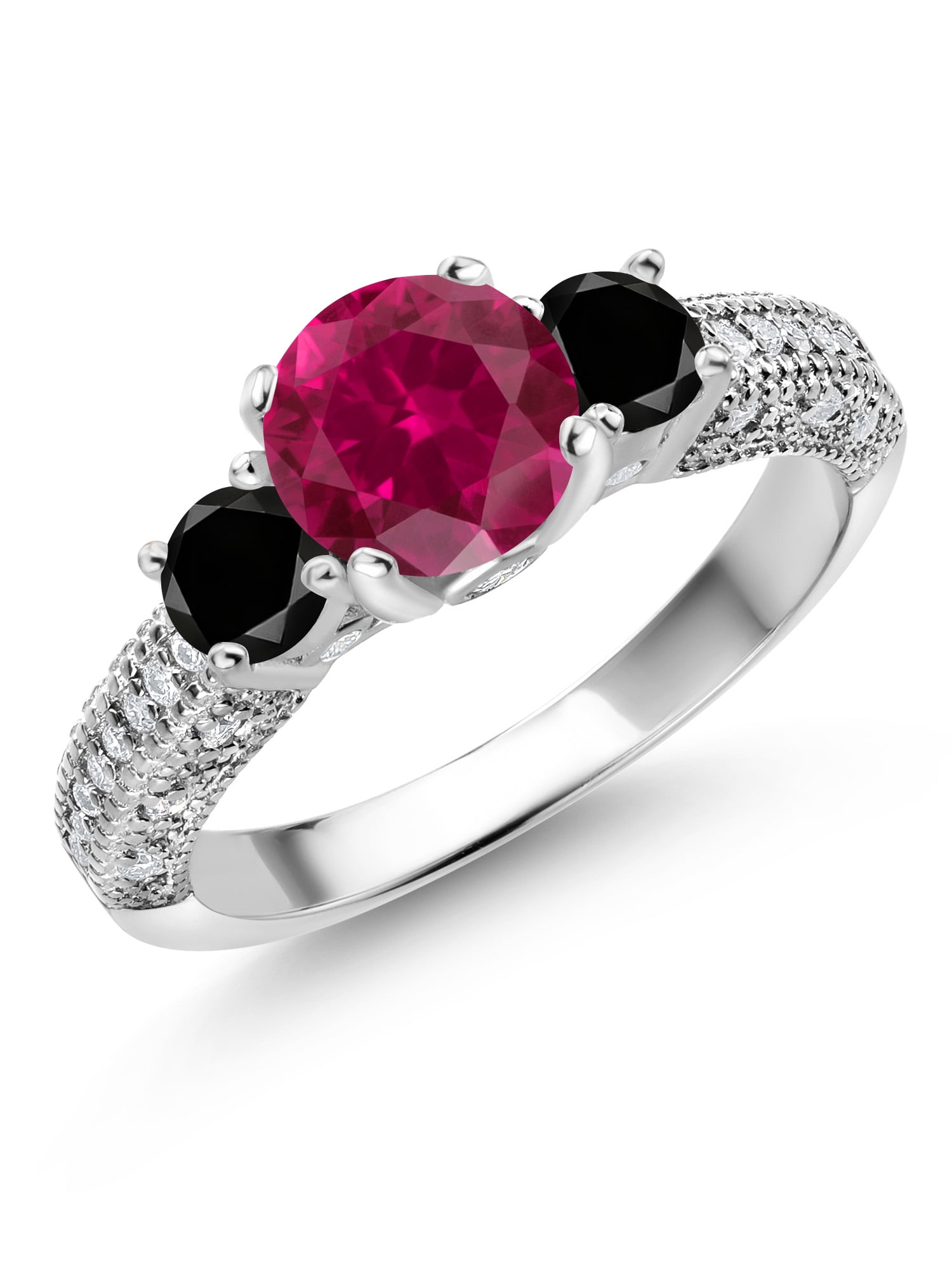 Gem Stone King 925 Sterling Silver Red Created Ruby Black Diamond and White Moissanite ...