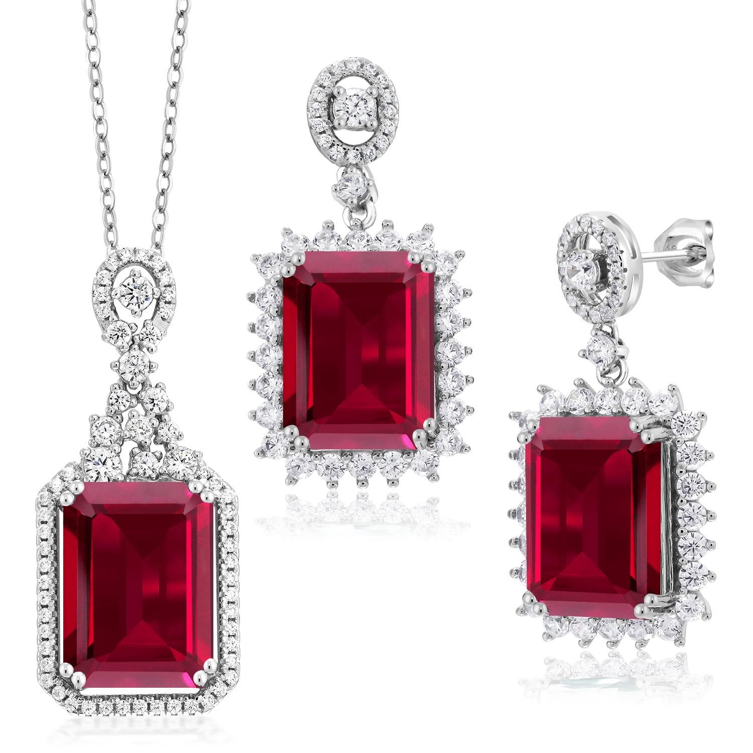 Gem Stone King 25.10 Cttw Red Created Ruby Pendant and Earrings Jewelry ...