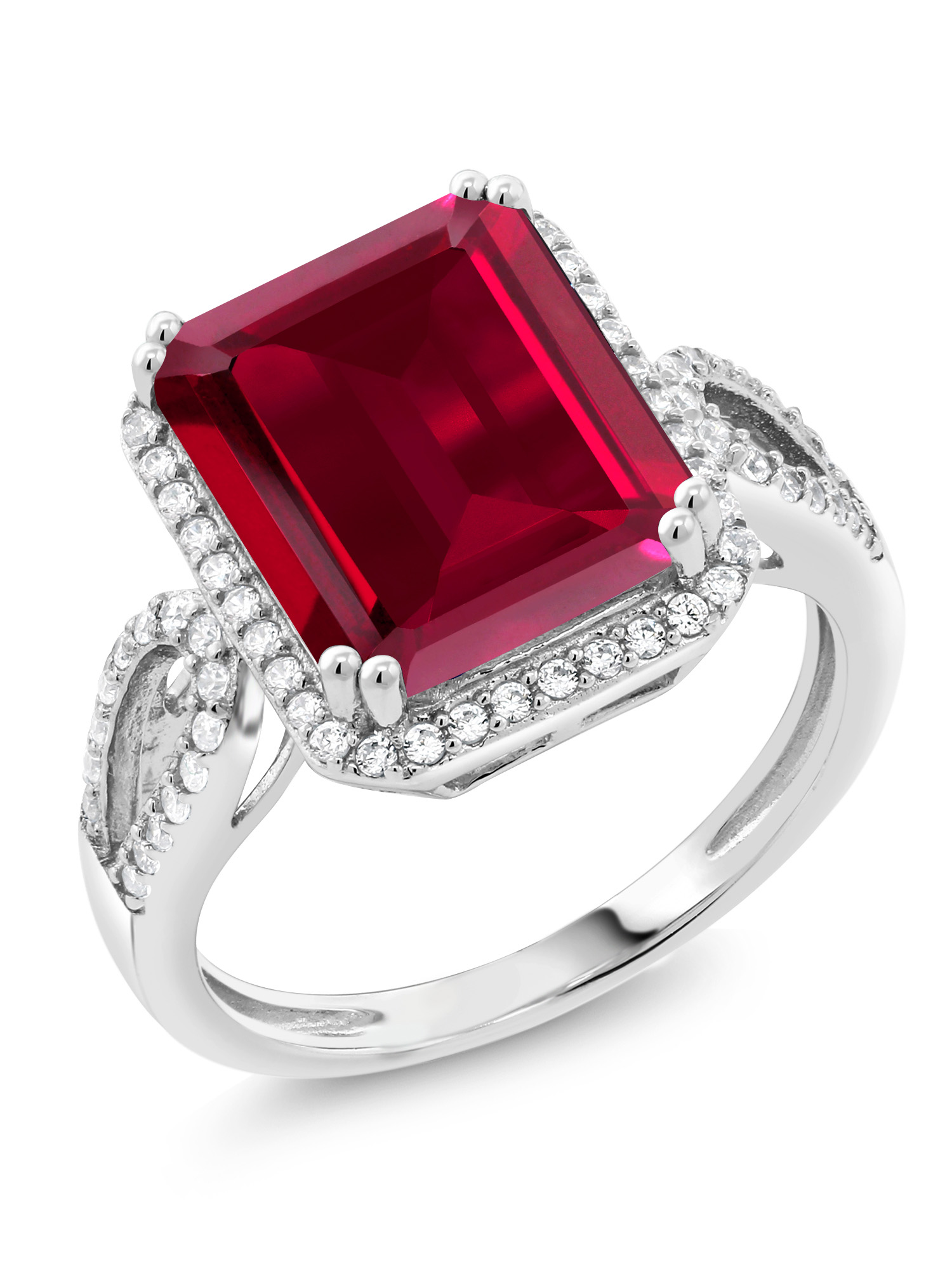 Created Ruby Sterling Silver Side Trillions and Emerald-Cut Center Three-Stone Ring - Walmart.com