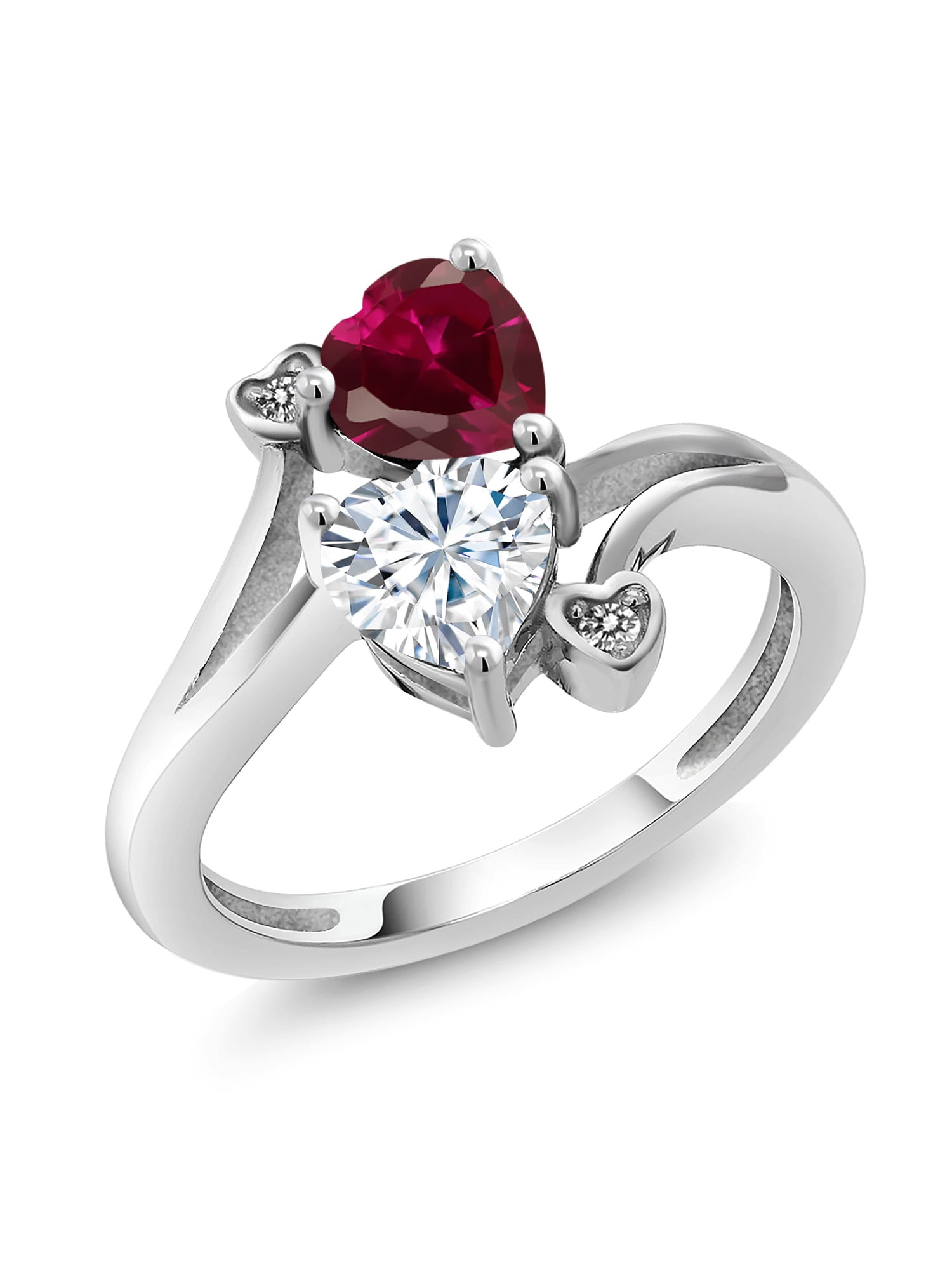 Gem Stone King 925 Sterling Silver Red Created Ruby White Moissanite and White Diamond Ring for ...