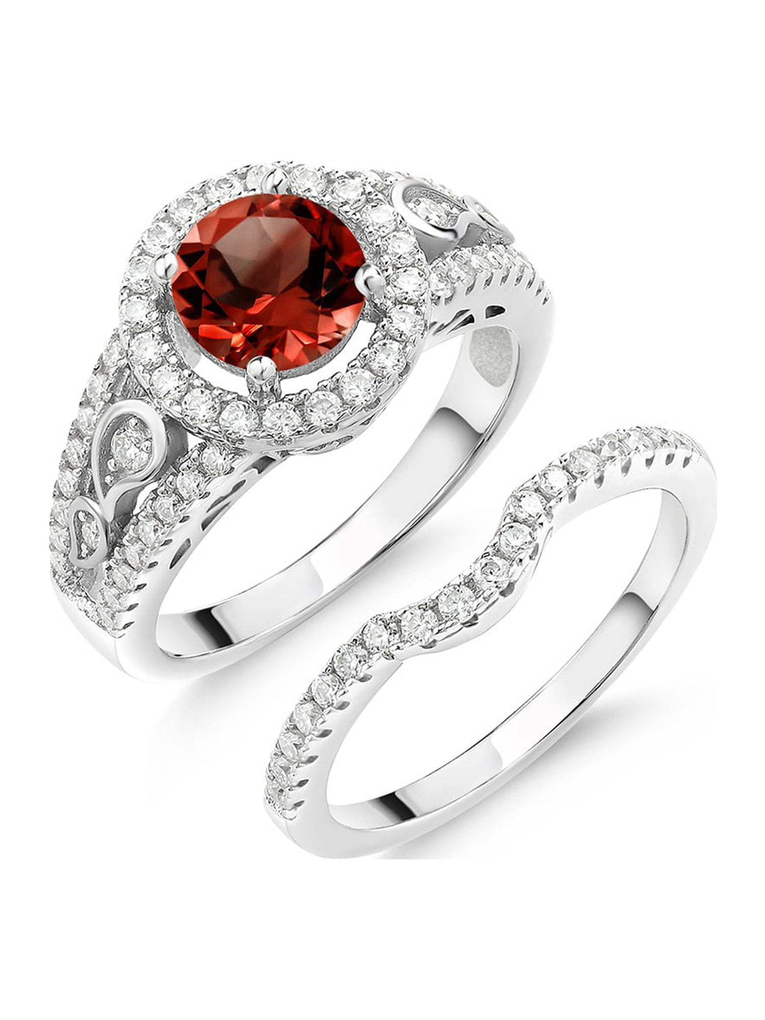 Gem Stone King 925 Sterling Silver Red Garnet and Moissanite Wedding ...