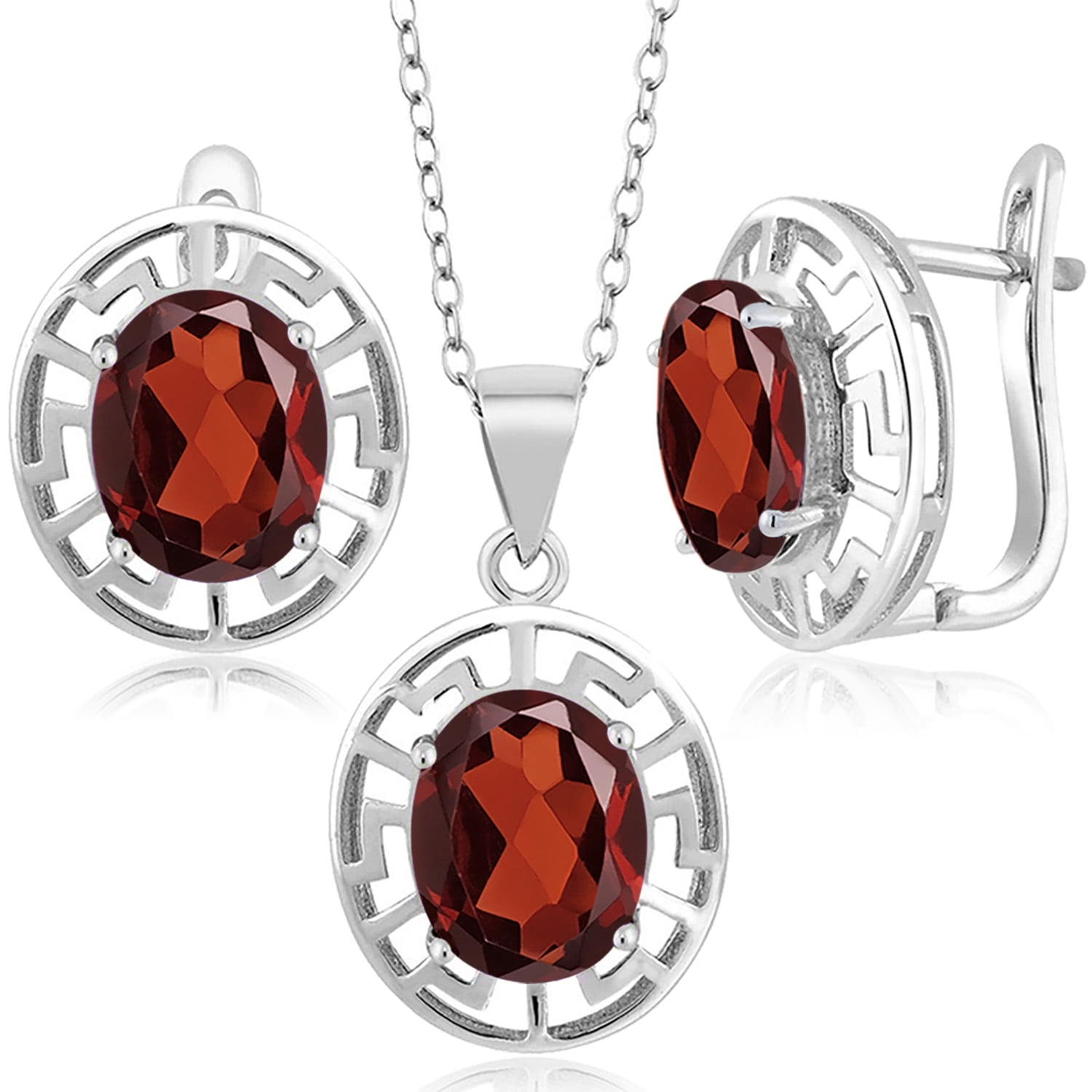 Gem Stone King 925 Sterling Silver Red Garnet Pendant and Earrings ...