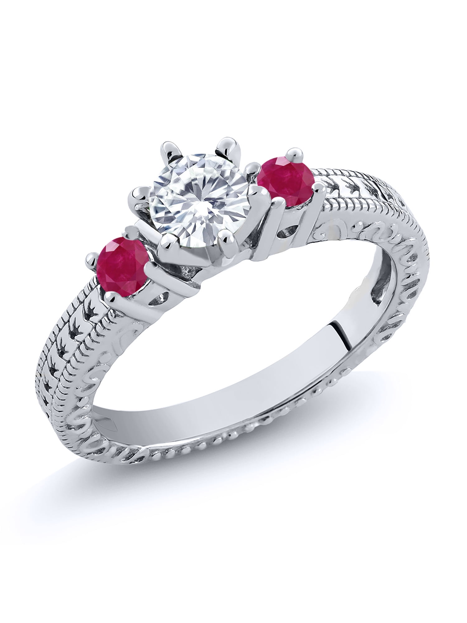 Gem Stone King 925 Sterling Silver Red Ruby Ring Set with Moissanite (0 ...
