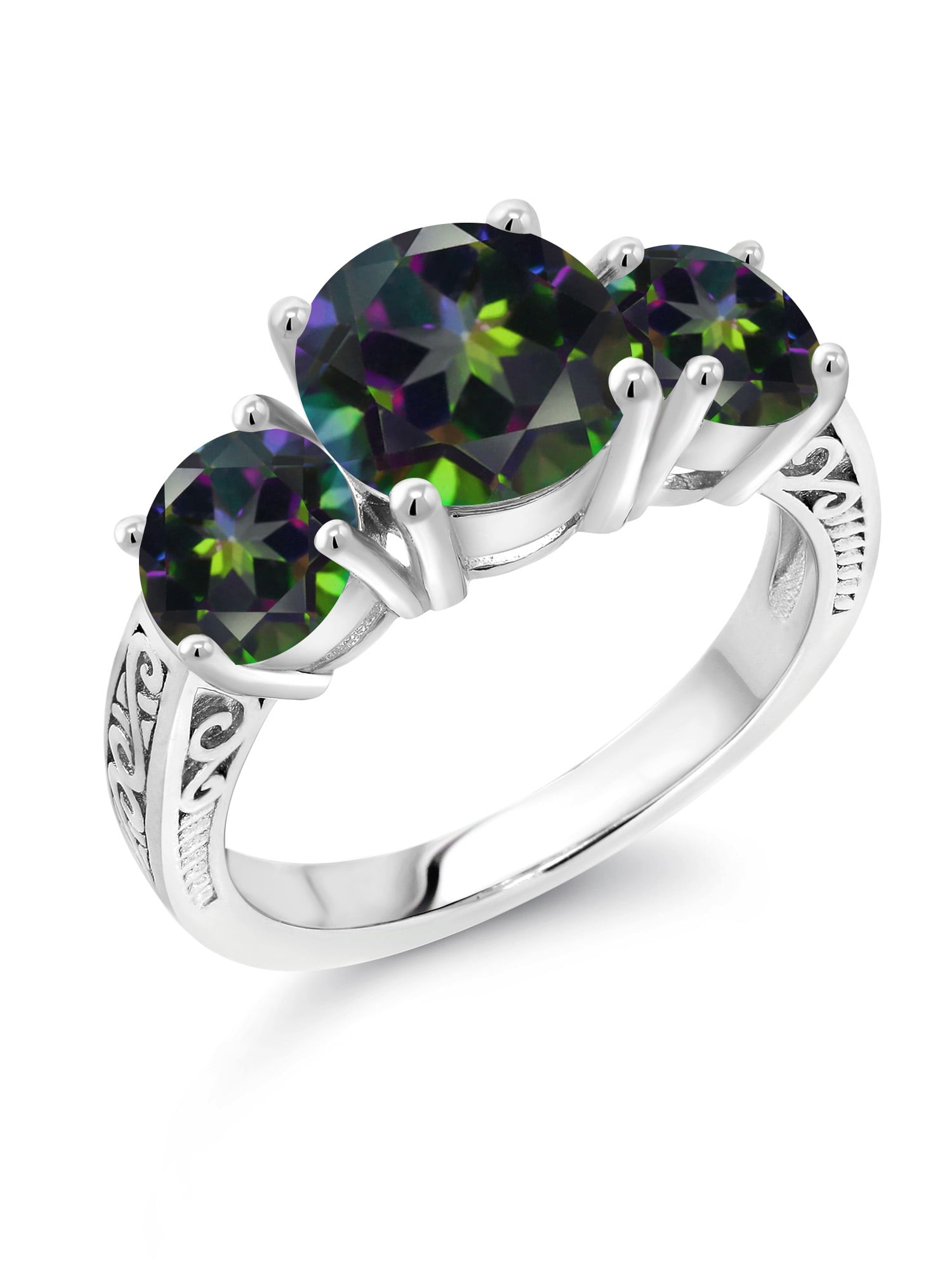 Gem Stone King 925 Sterling Silver Round Green Mystic Topaz 3-Stone ...
