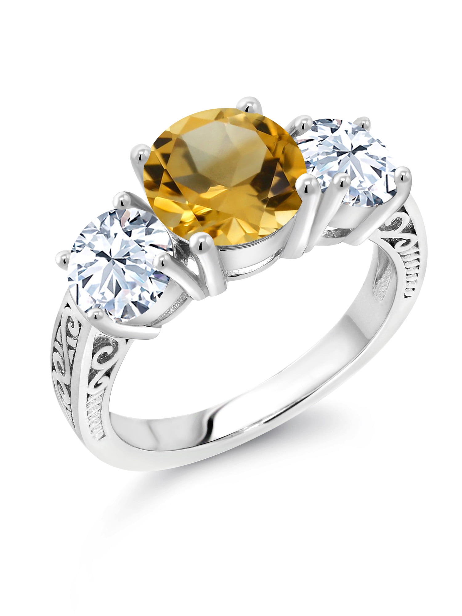 Gem Stone King 4.50 Cttw Yellow Citrine and White Zirconia 3 Stone Ring ...