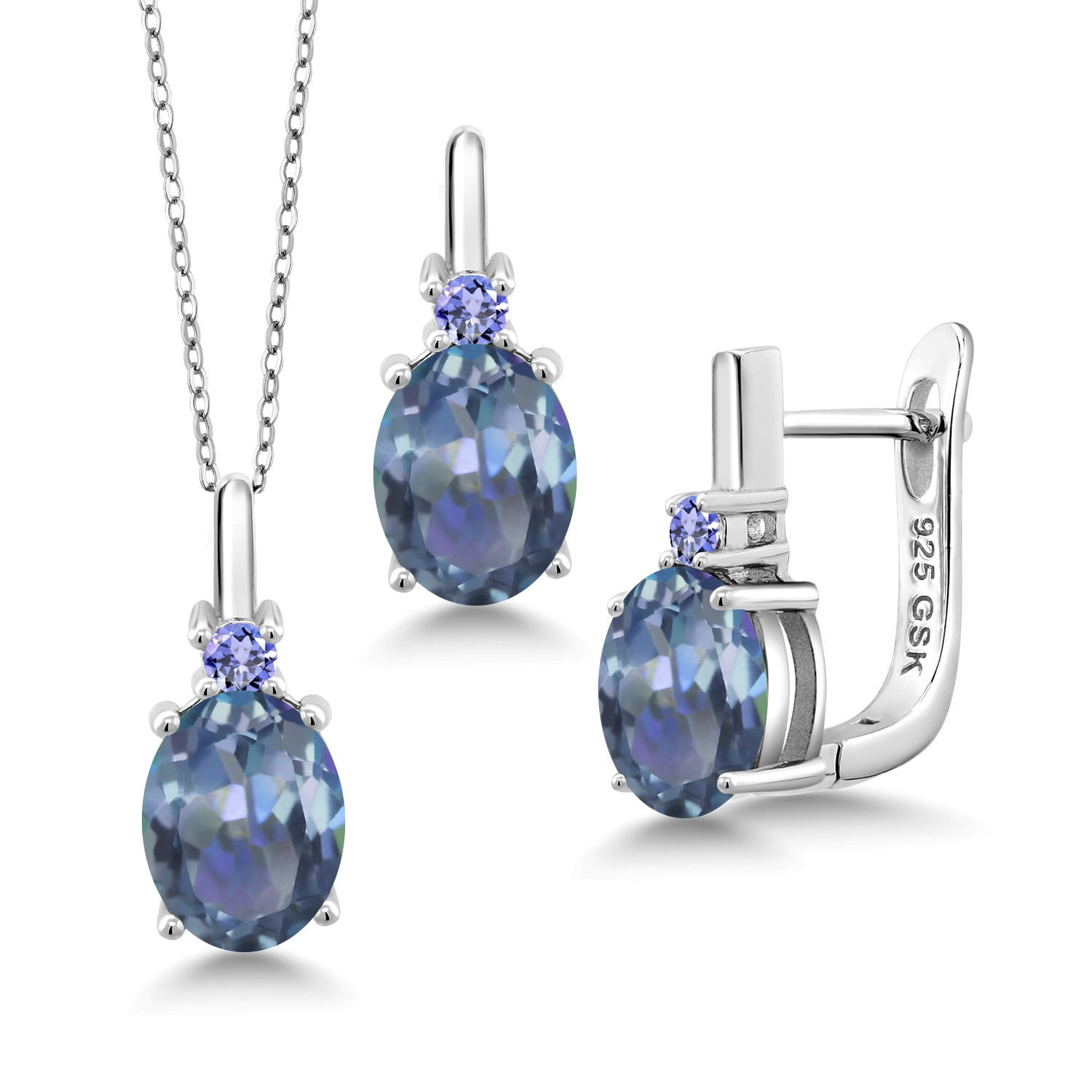 Gem Stone King Cassiopeia Mystic Topaz Blue Tanzanite 6.98 Ct 925 Silver Pendant Earrings Set ...