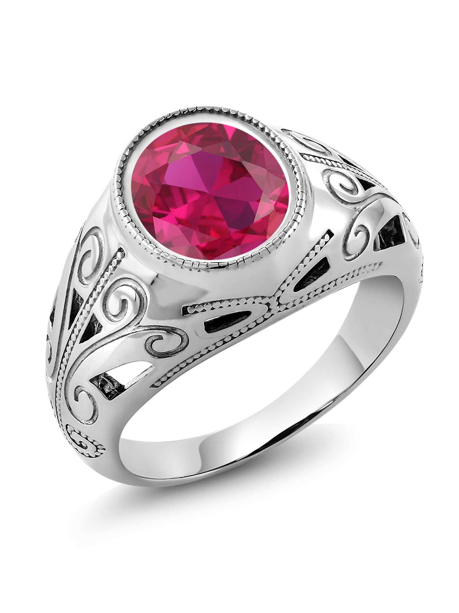 Gem Stone King Men's 925 Sterling Silver Oval Red Created Ruby Ring (6. ...
