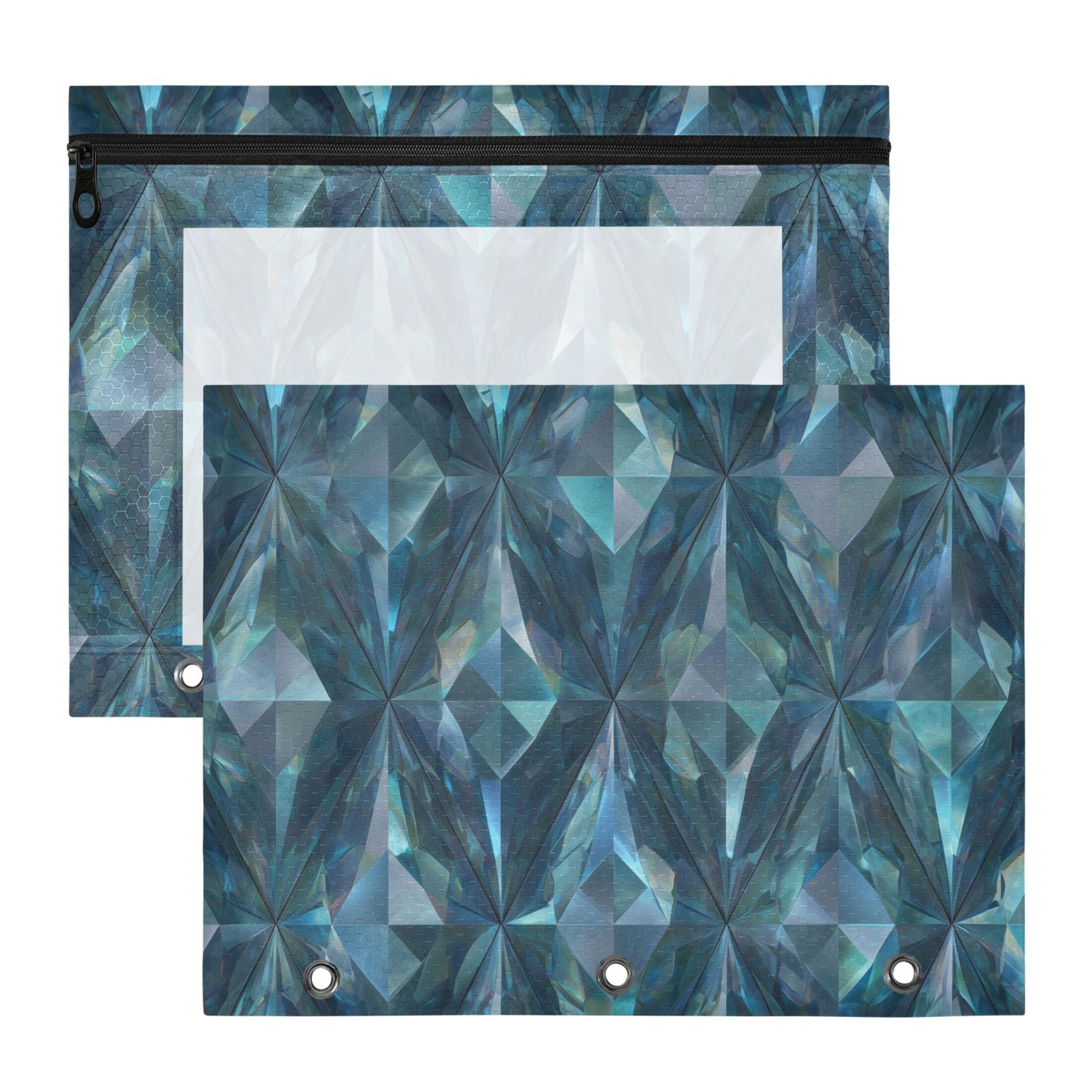 Gem-like Blue Rhombus Pattern 3-Ring Binder Pocket with Zipper Pencil ...