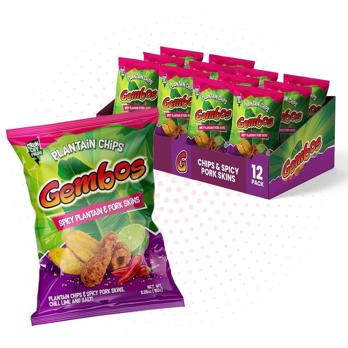 Gembos Spicy Plantain & Pork Skins Chips, Chili Lime, 4 oz Bags, 12 ...