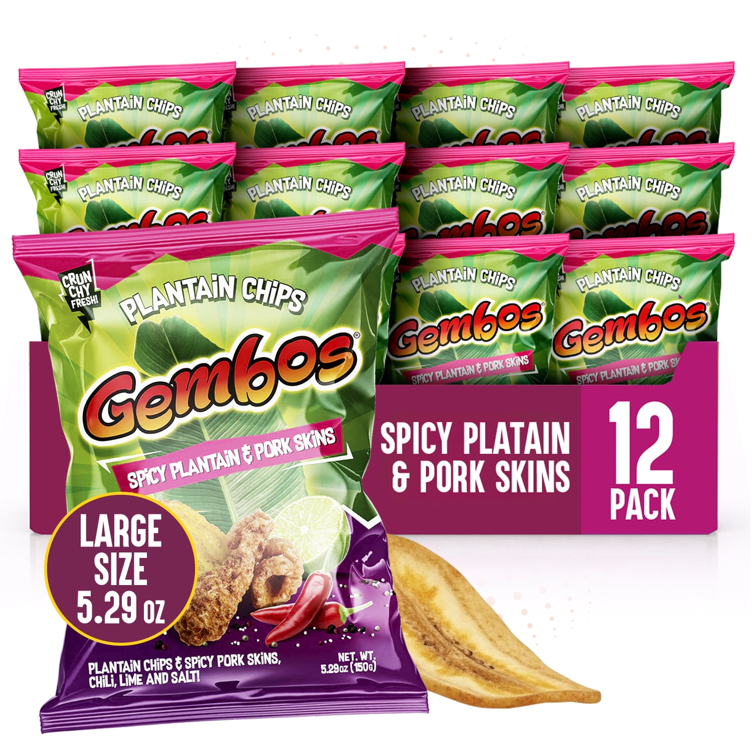 Gembos Spicy Plantain & Pork Skins Chips, Chili Lime, 4 oz Bags, 12 ...